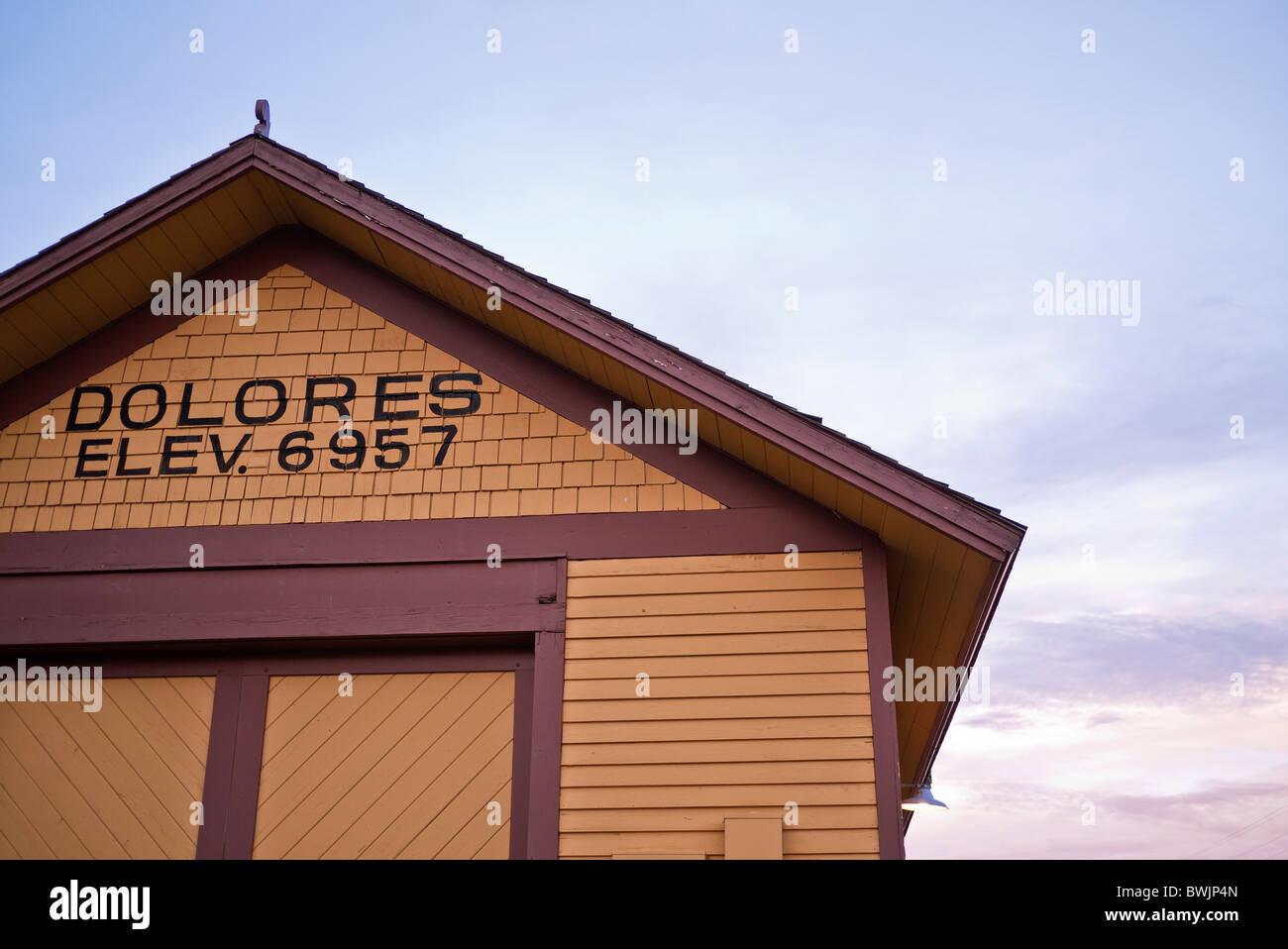 Elevation sign at the historic train depot, Dolores, Colorado Stock ...