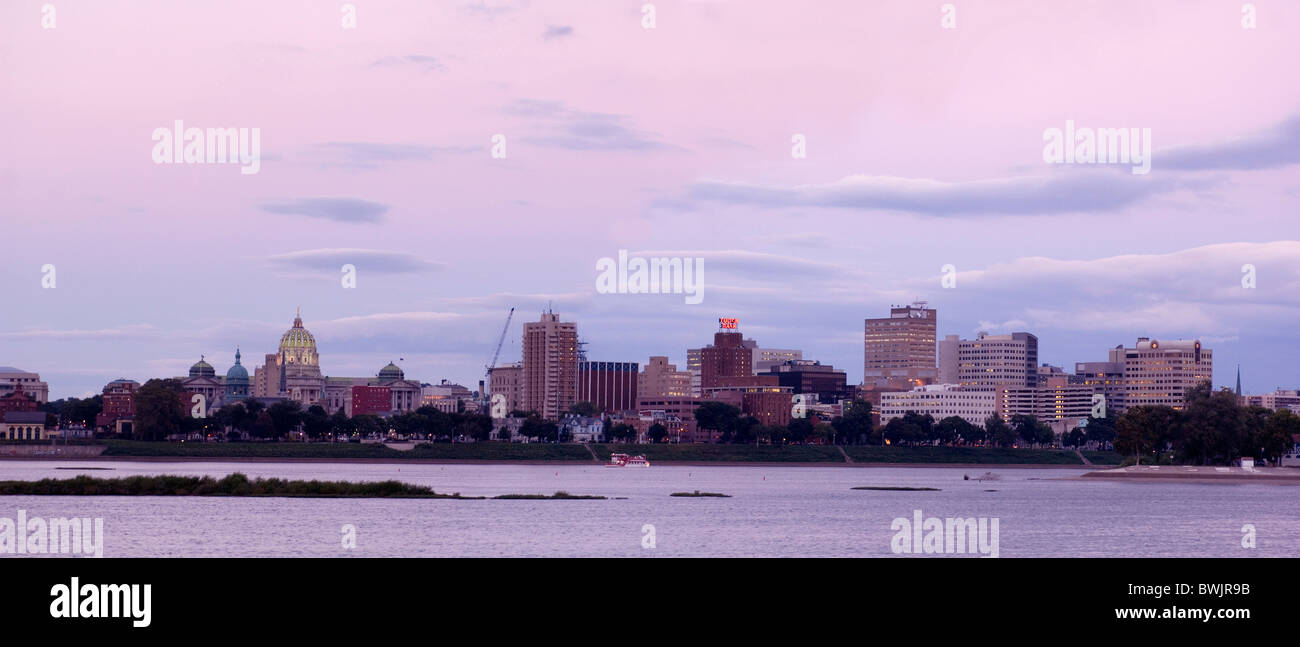 castle Harris town city skyline dusk twilight river Pennsylvania USA ...