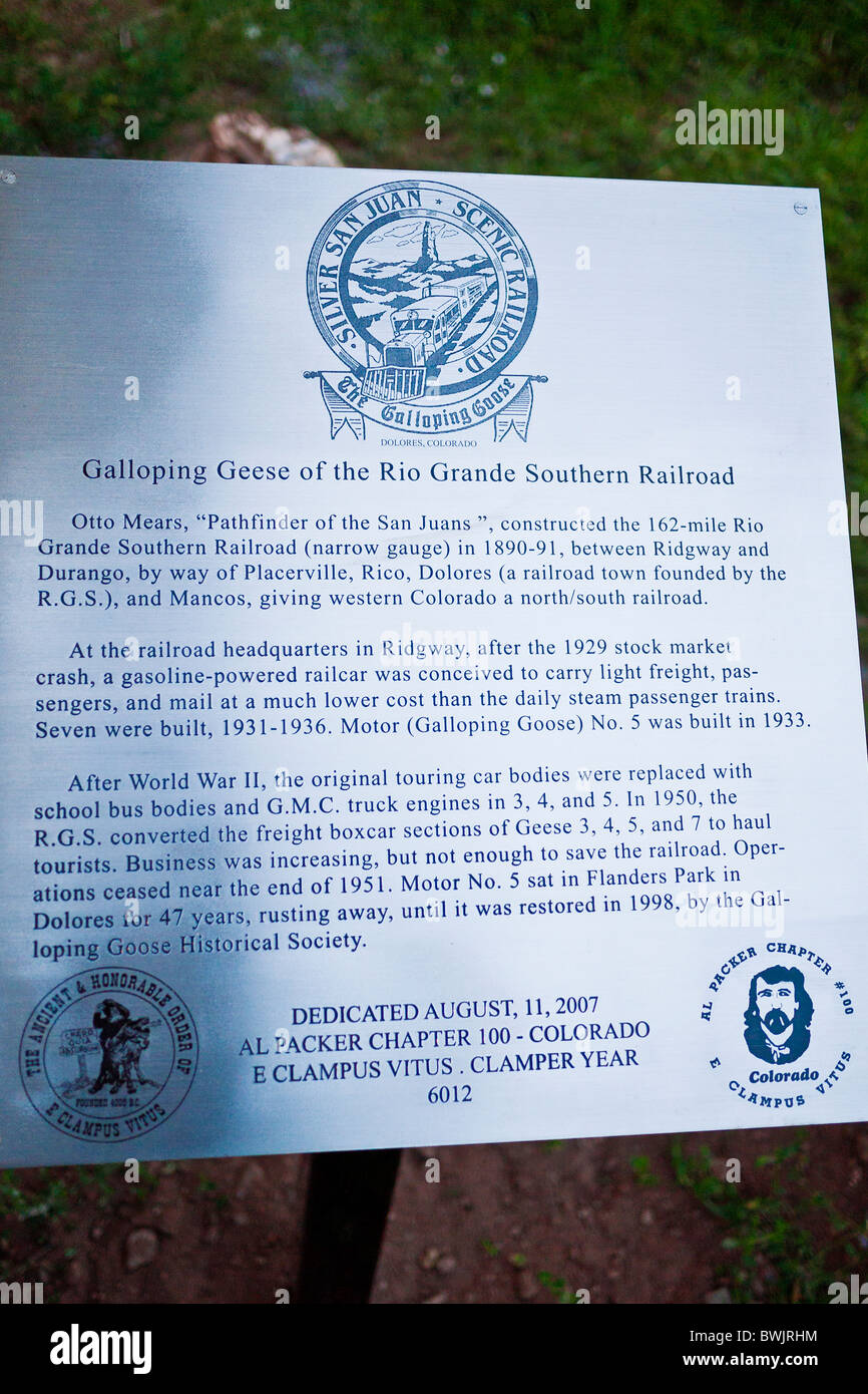 Interpretive sign at the historic Rio Grande Southern Galloping Goose ...