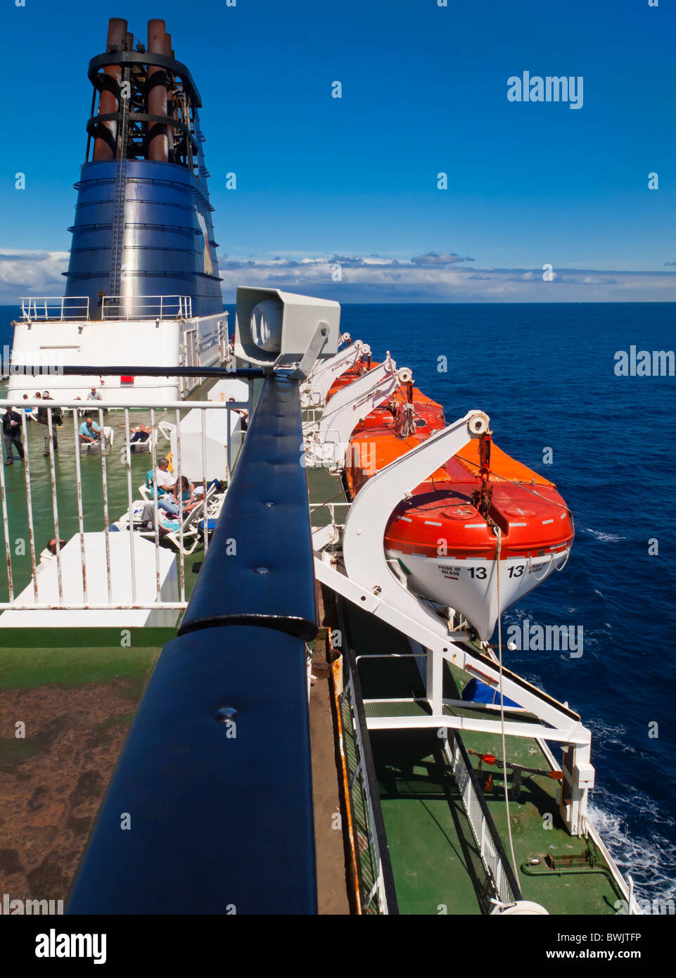 Lifeboats on the Pride of Bilbao passenger ferry at sea sailing between ...