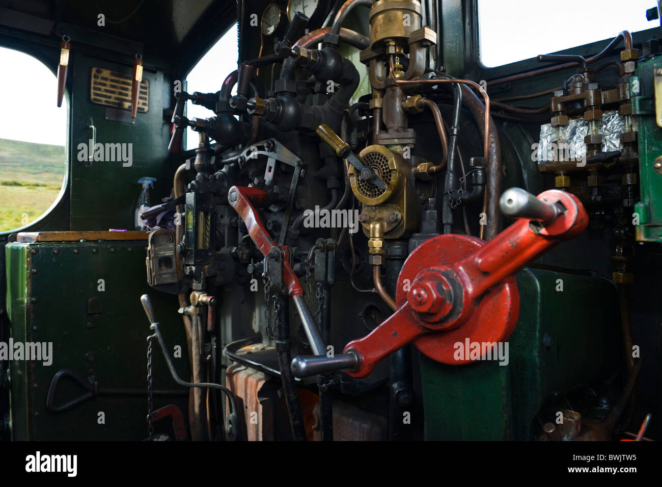 Footplate controls of GWR 1400 tank class 0-4-2T steam locomotive No ...