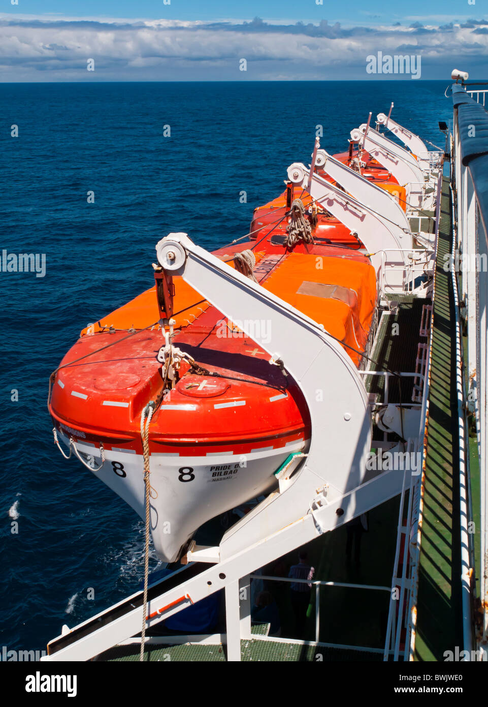 Lifeboats on the Pride of Bilbao passenger ferry at sea sailing between ...