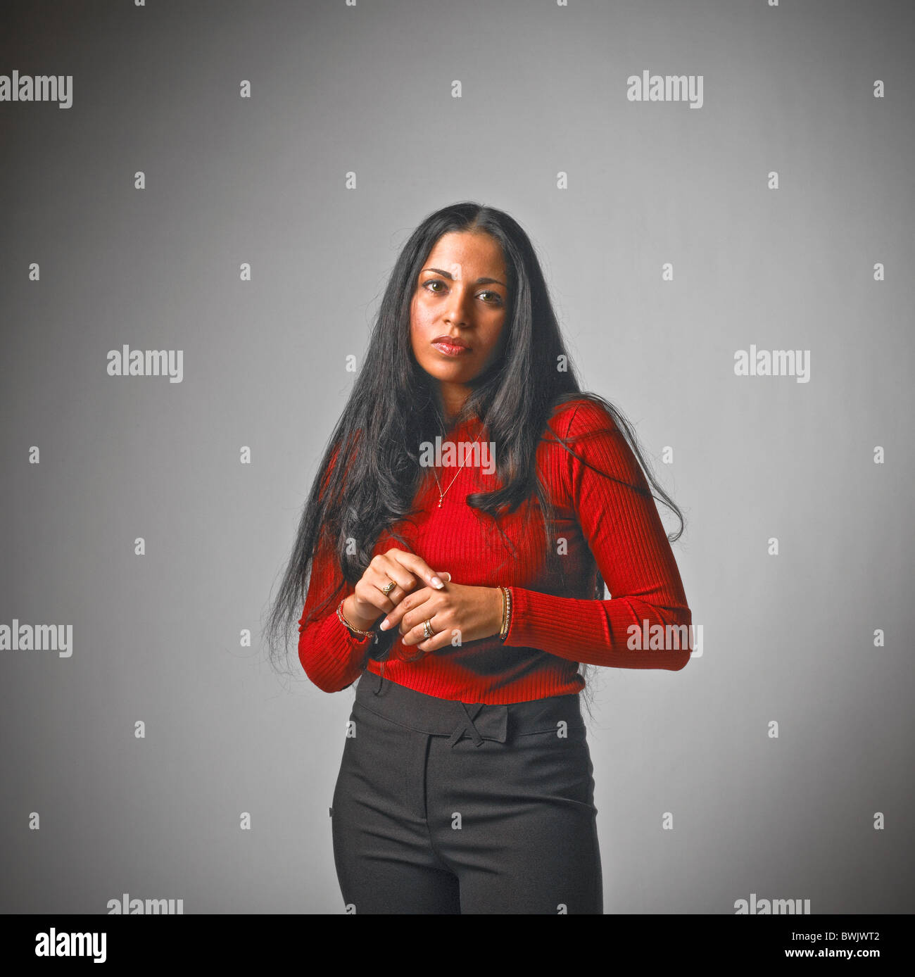 Young Hispanic woman female casual clothes, jeans, body language, hand ...