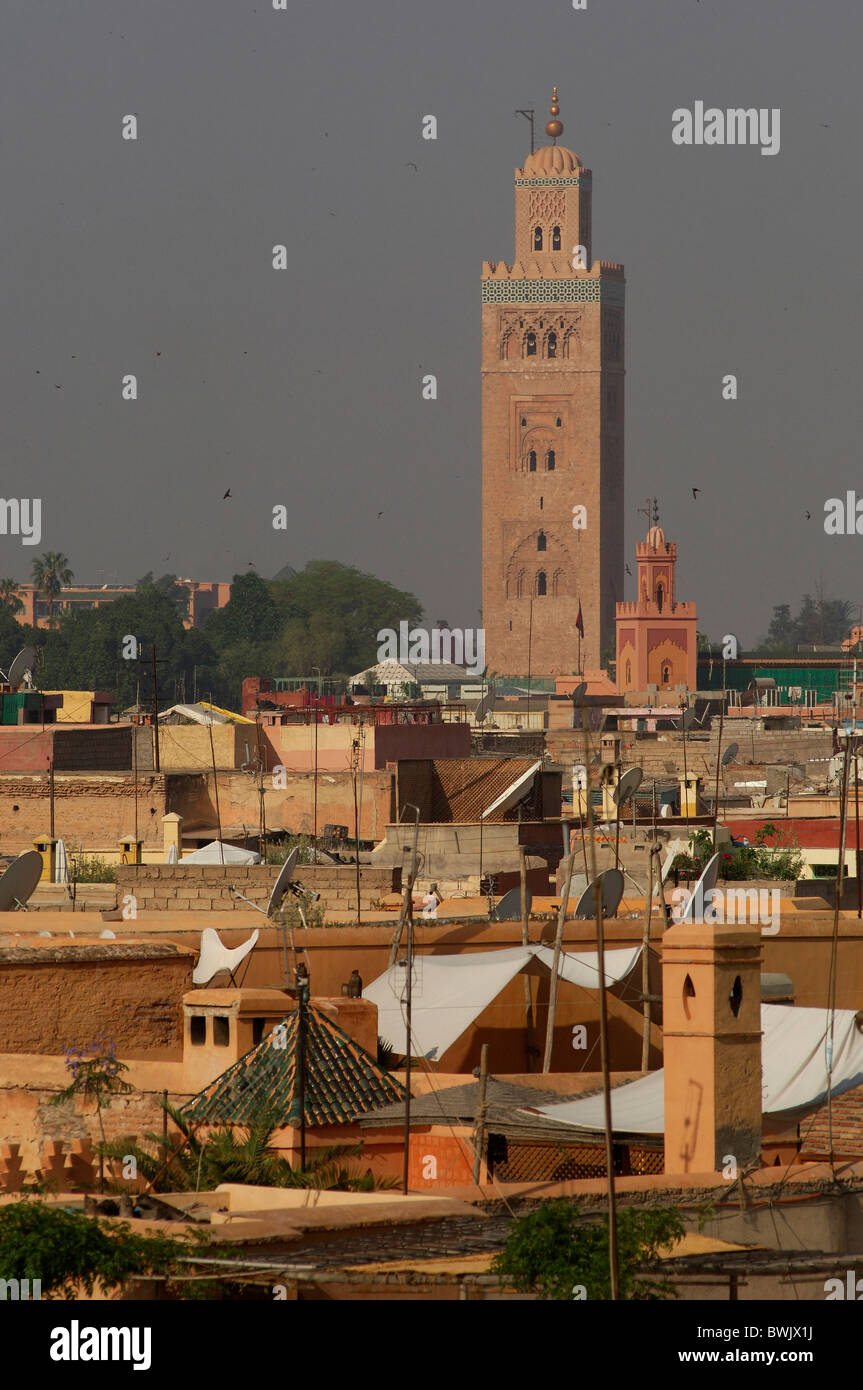 Old Town overview minaret roofs town city Medina Marrakech Marrakesh ...