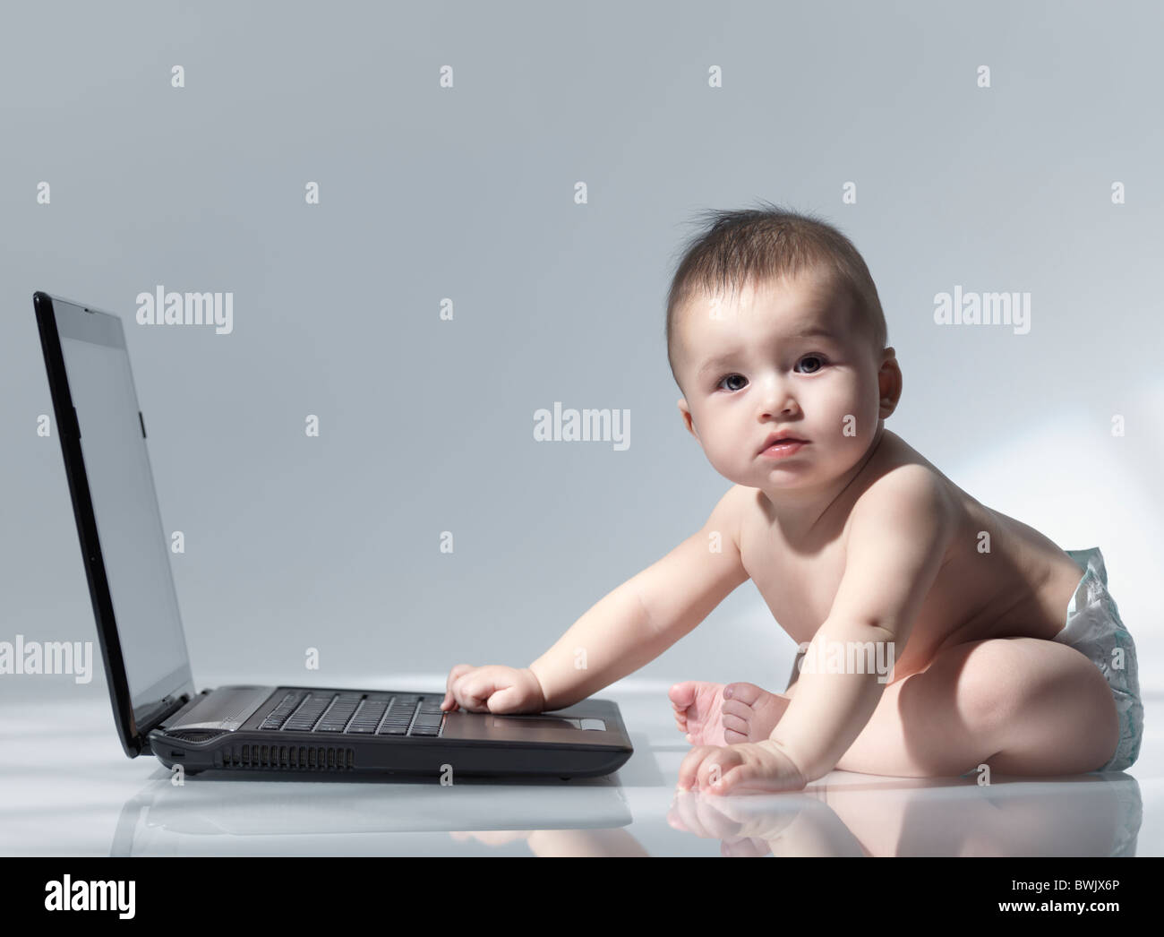 Six month old baby sitting in front of a laptop computer Stock Photo ...