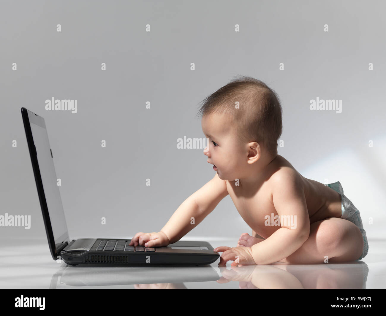 Six month old baby sitting in front of a laptop computer Stock Photo ...