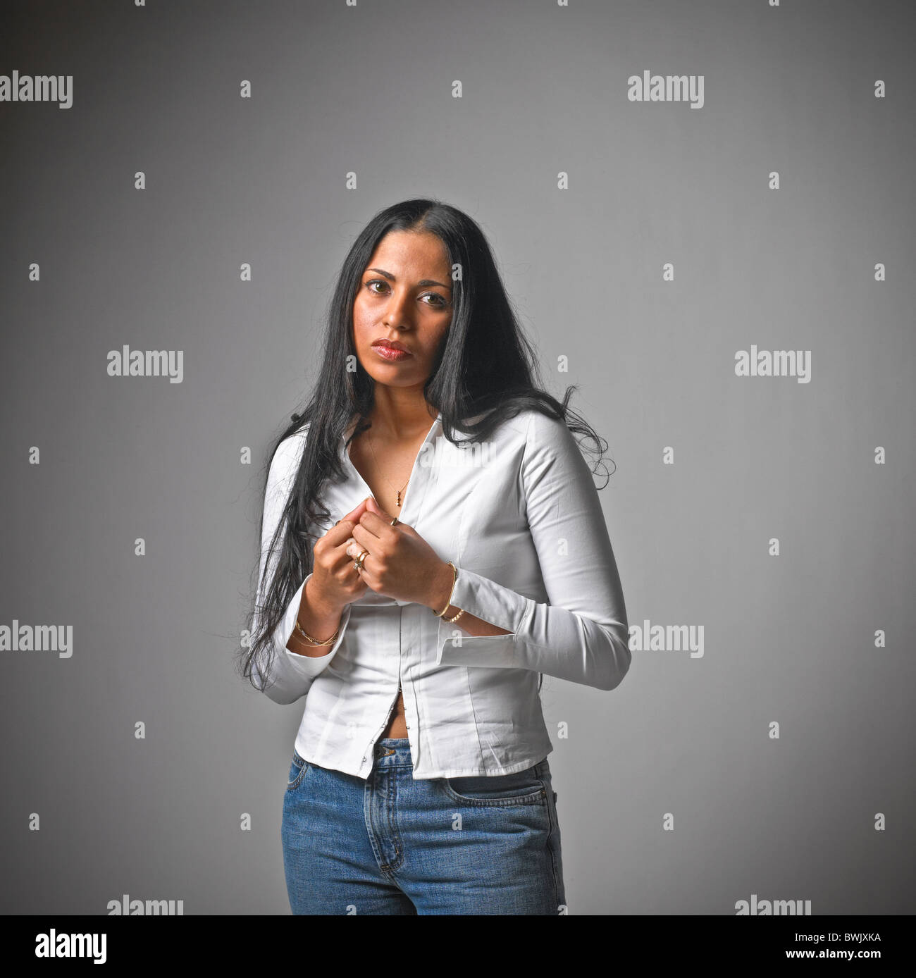 Young Hispanic woman female casual clothes, jeans, body language Stock ...