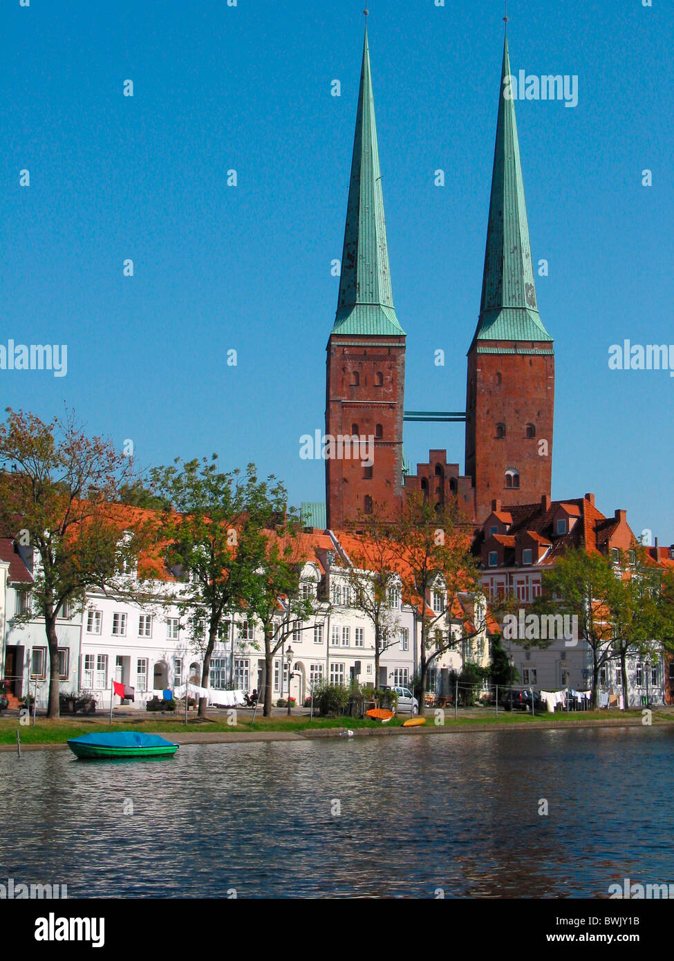 Lubeck town city houses homes shores Lubeck cathedral dome Hanseatic ...