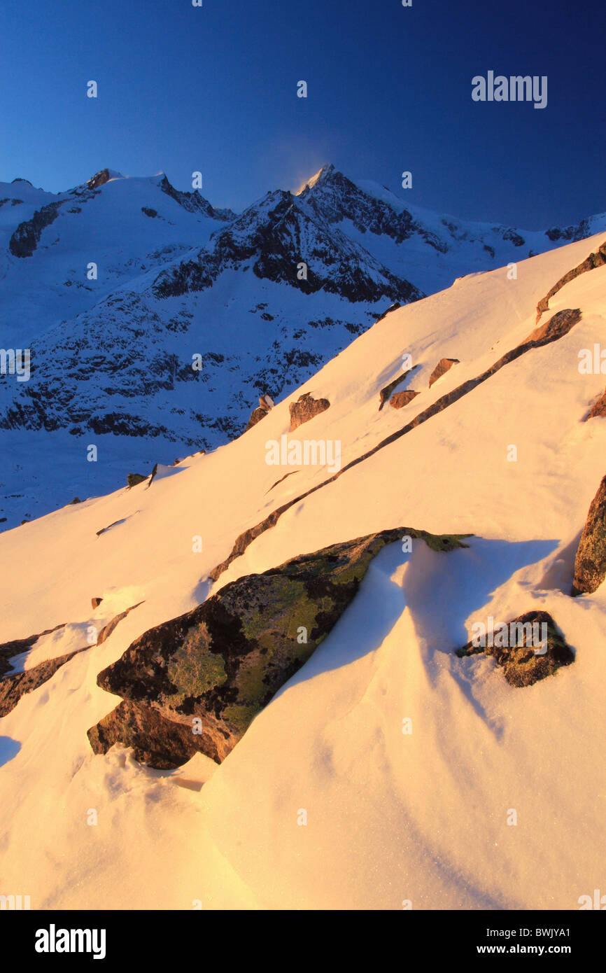 scenery landscape mountains Alps snow mood dusk twilight Aletschhorn ...