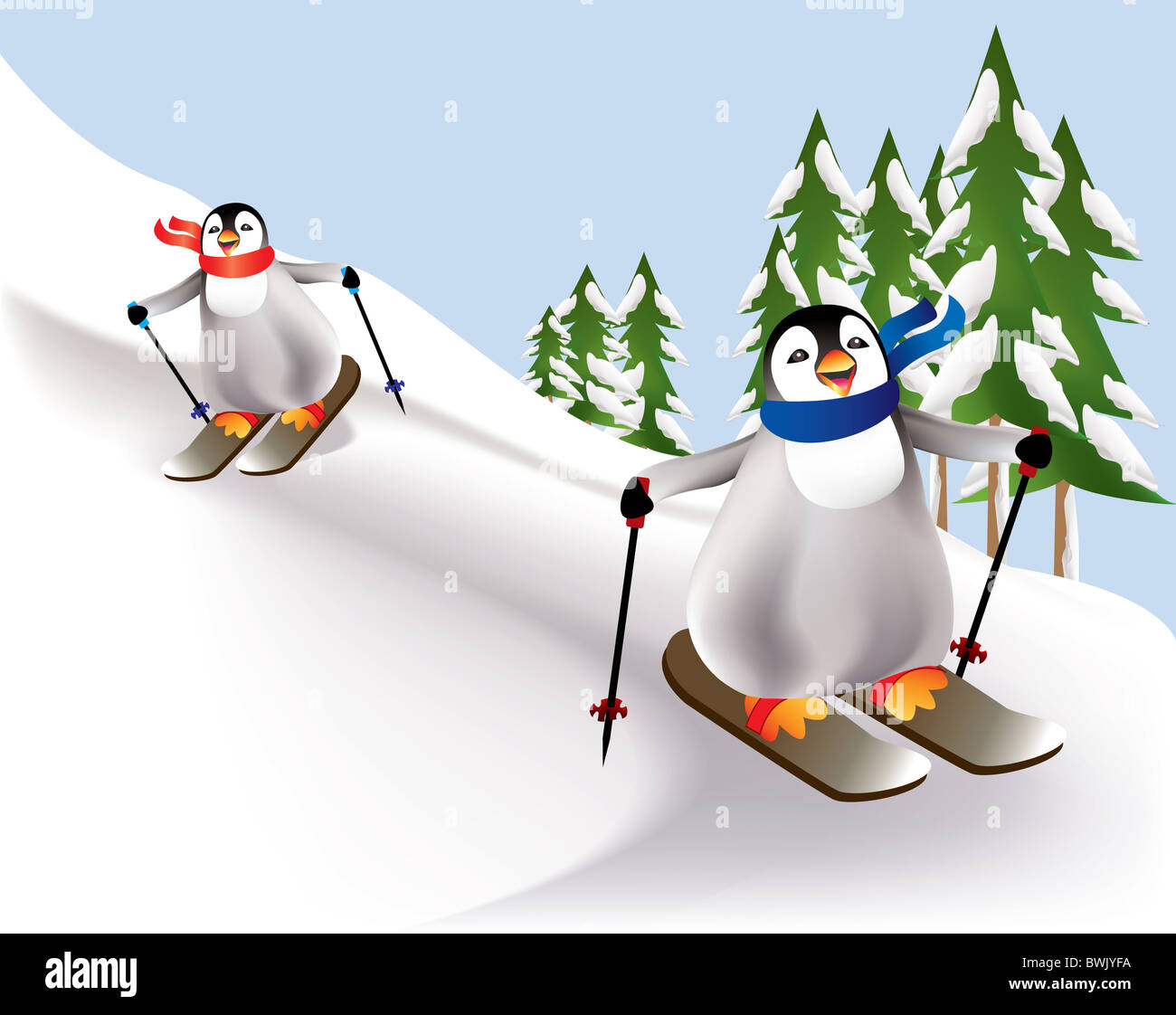 Colorful penguins skiing down a tree lined slope Stock Photo - Alamy