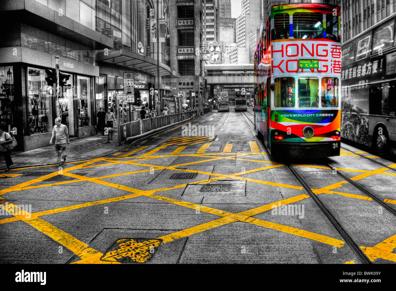 Looking at Hong Kong's tram transport system, double decker tram color ...