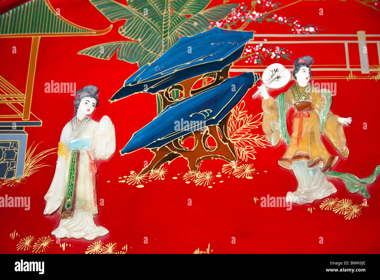 Painted jade women, on a piece of Chinese furniture, Xi’an, China Stock ...