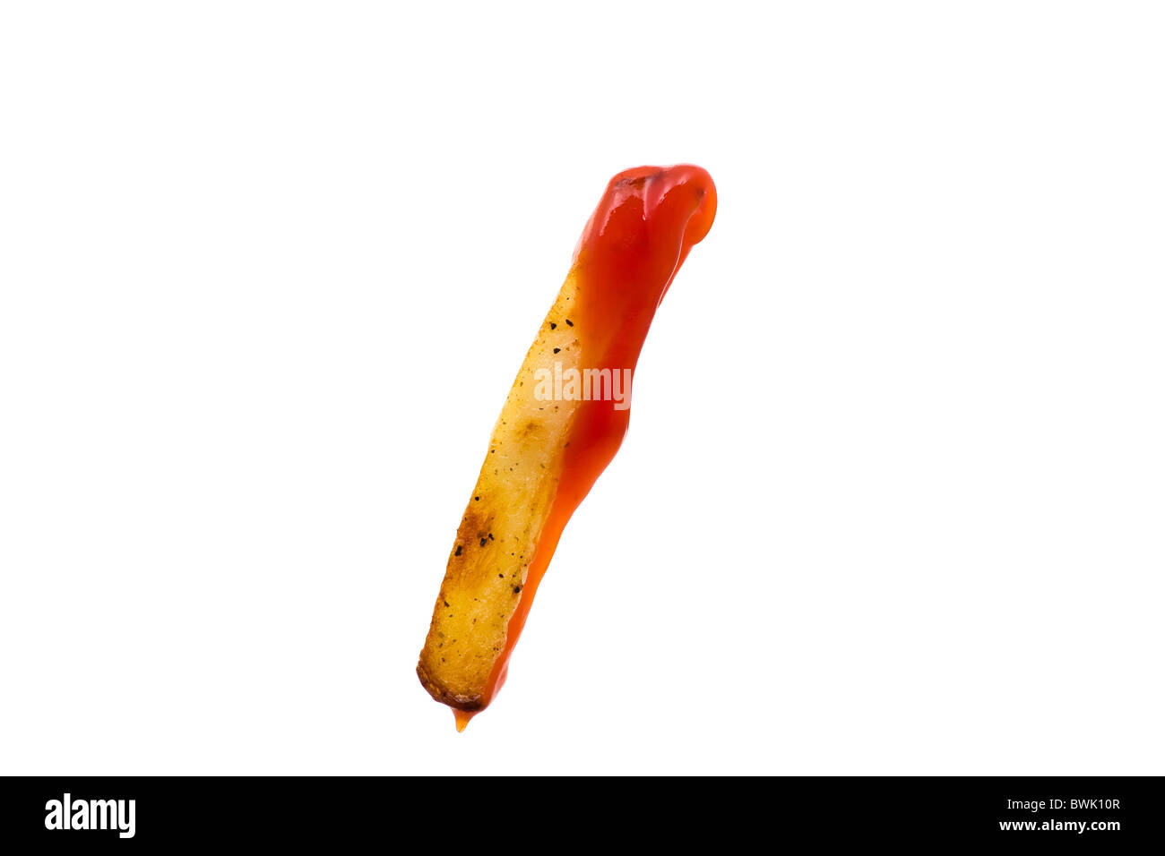 Single handmade french fry with ketchup isolated on white background ...