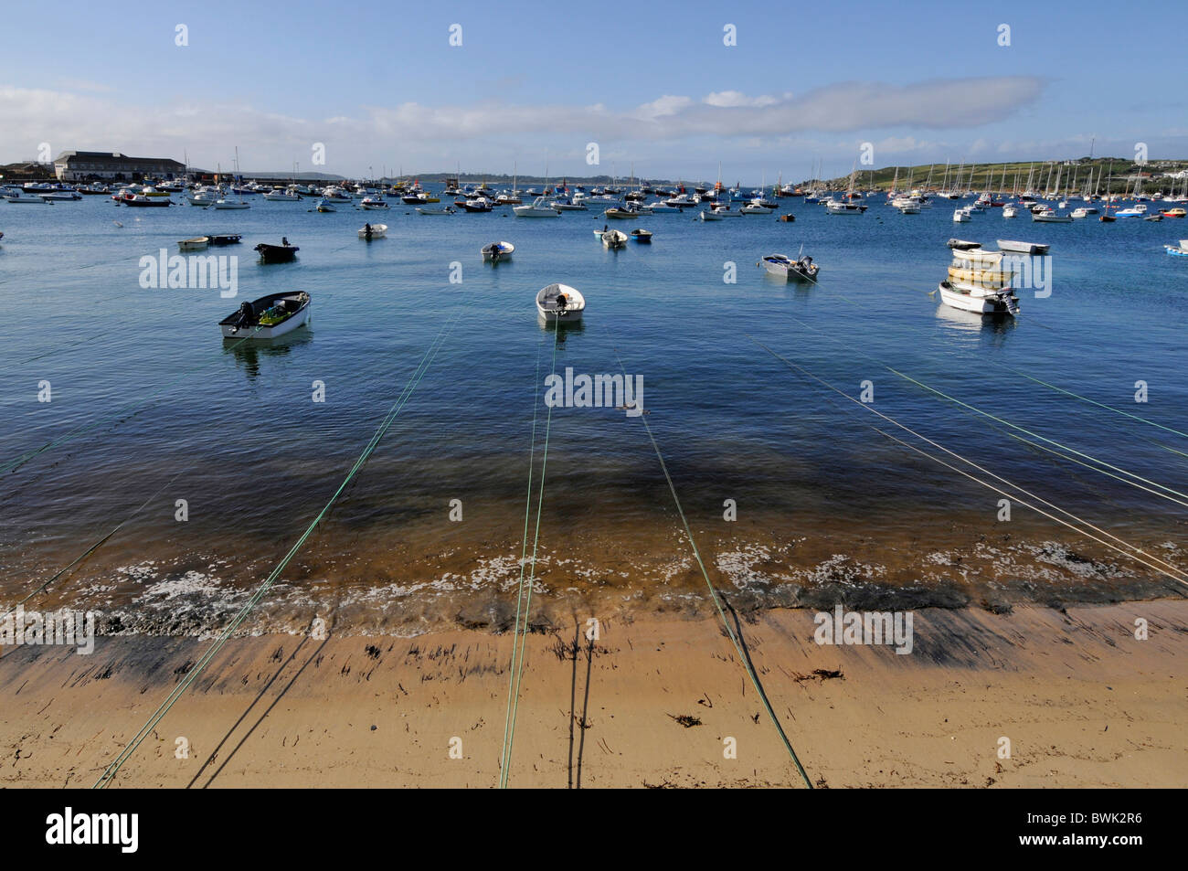 Tethered boats on Town Beach in Hugh Town, St.Mary's, Isle of Scilly ...