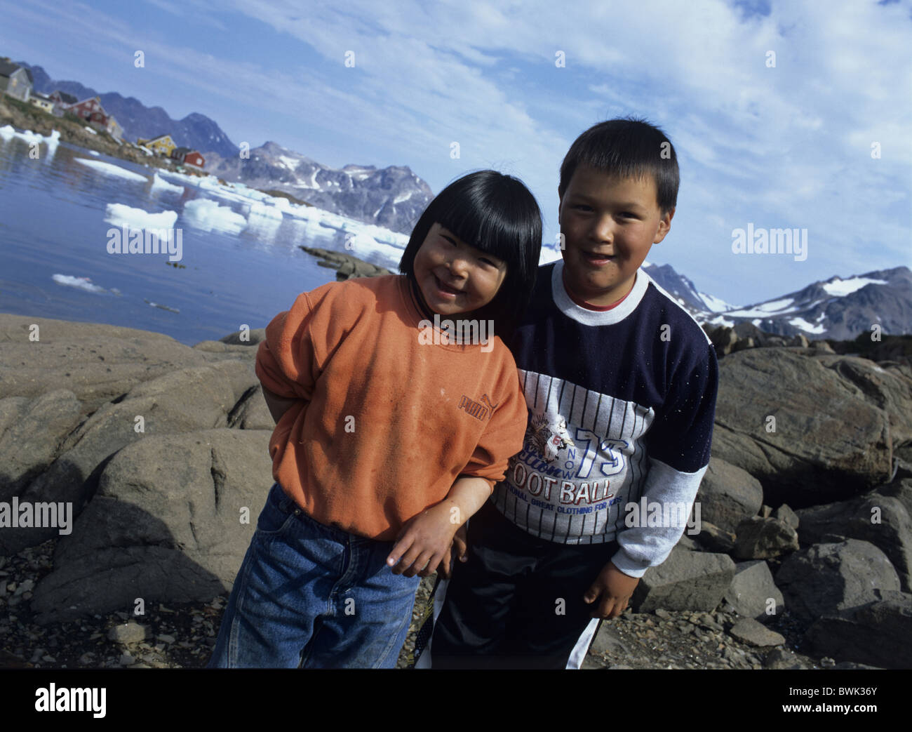 Greenland east coast Kulusuk cape Dan local children Two Inuit Eskimos ...