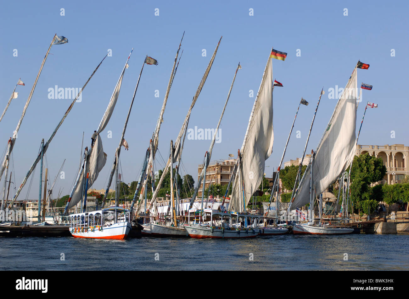 Felucke Feluke Nile river flow boats sail boats Luxor Egypt North ...