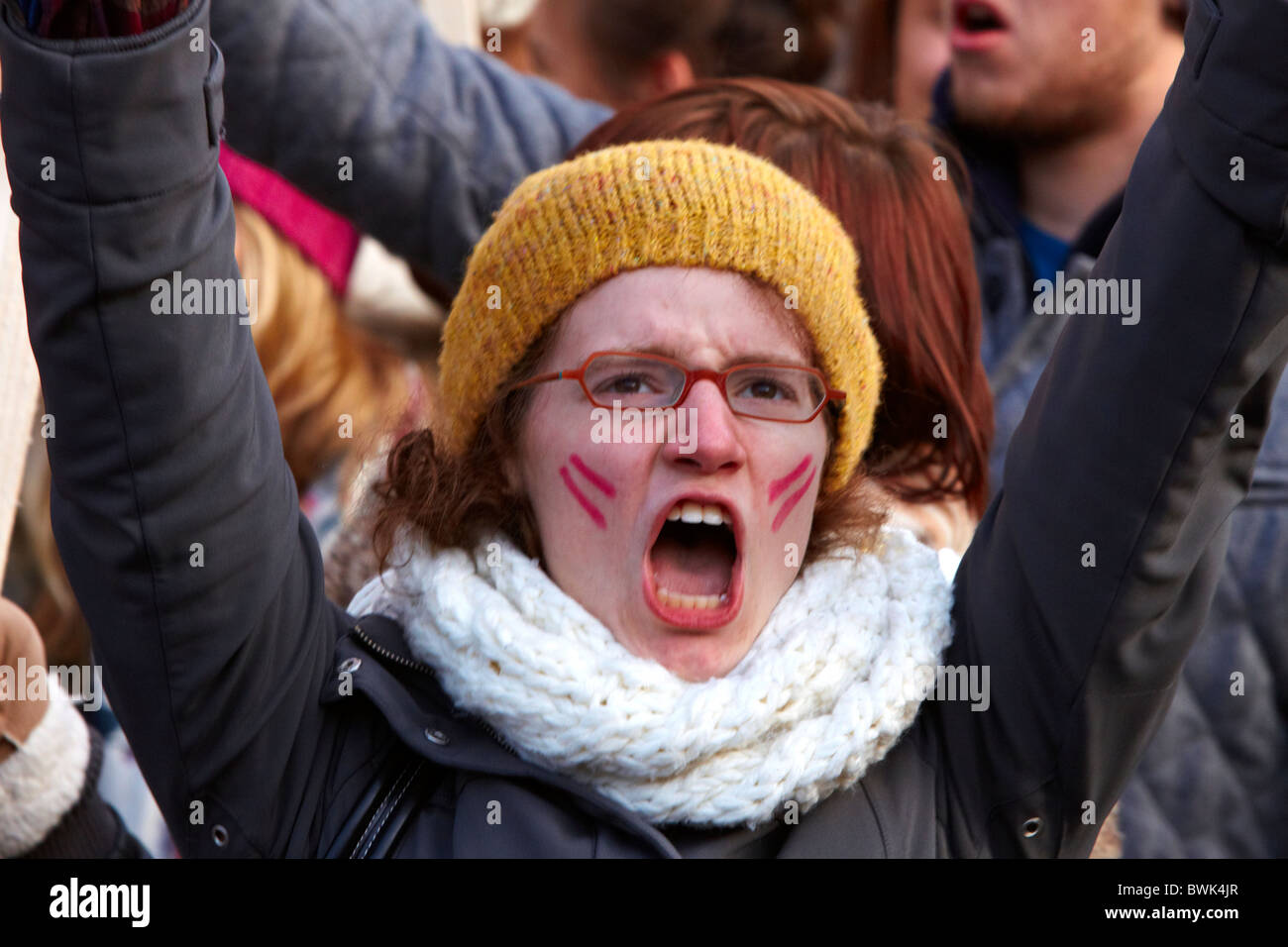 LONDON, UK. Female demonstrator shouts during a student protest against ...