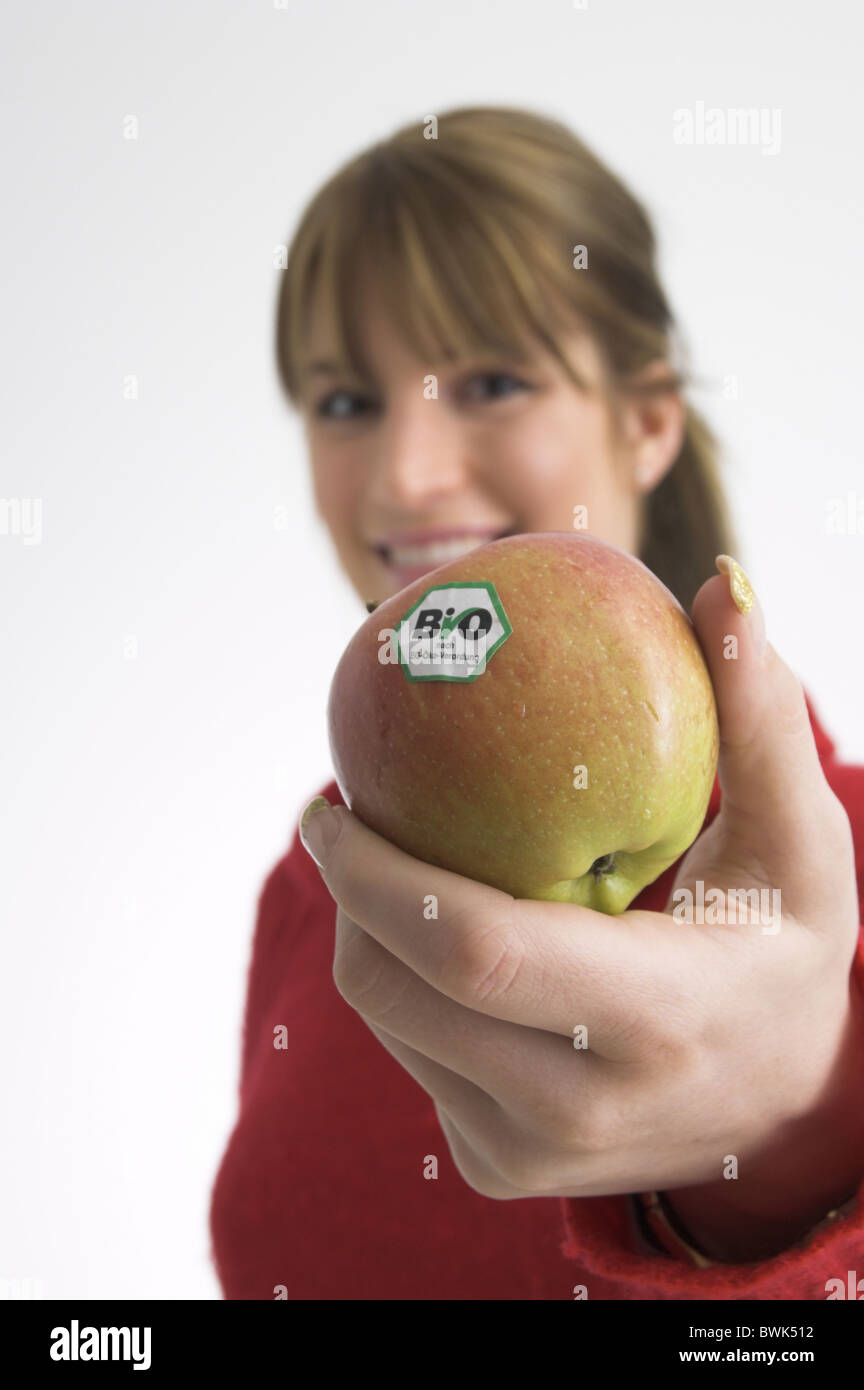 woman inside biology apple Healthy fruit etiquettes labels seals Green ...