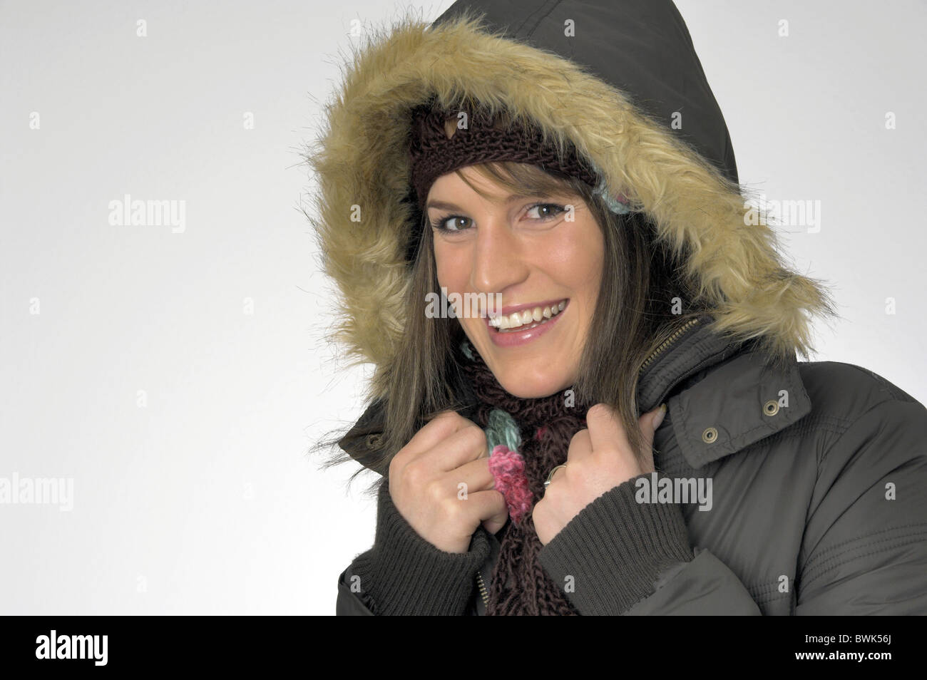 woman inside winter portrait Laughing Dressed cold cap hat jacket coat ...