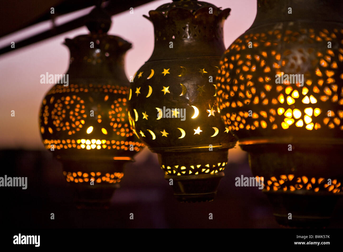 Moroccan lamps on a rooftop terrace at Café Arabe restaurant, Marrakech ...