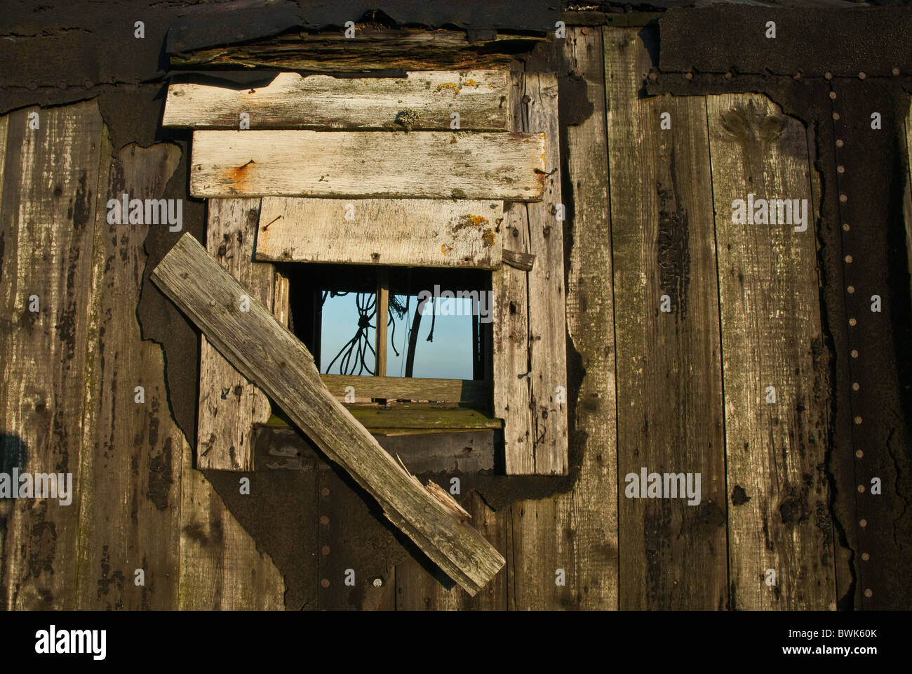 Old fisherman's wooden hut window detail Dungeness coast Kent Stock ...