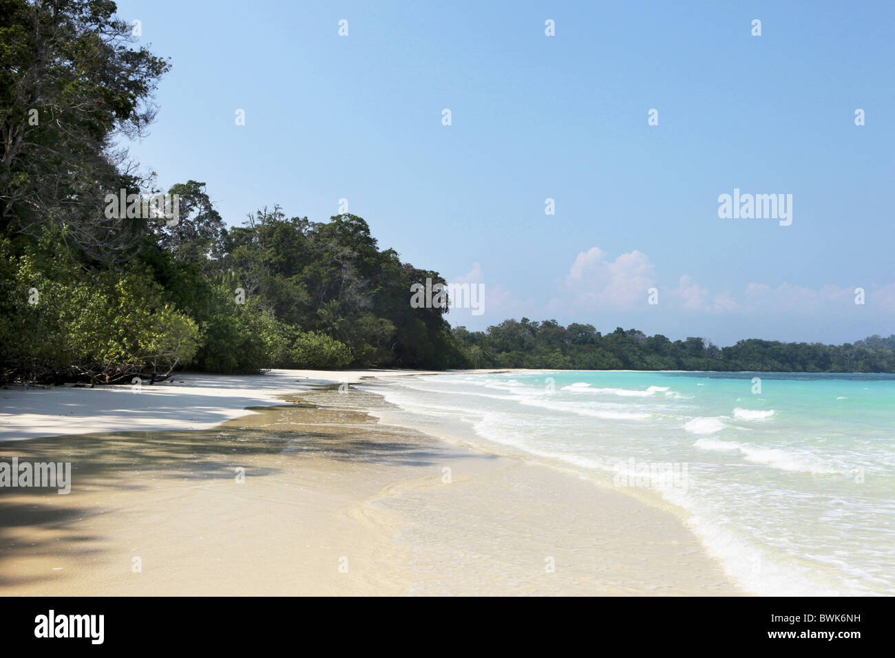 View over the deserted beach at Merk Bay, North Passage Island, Middle ...