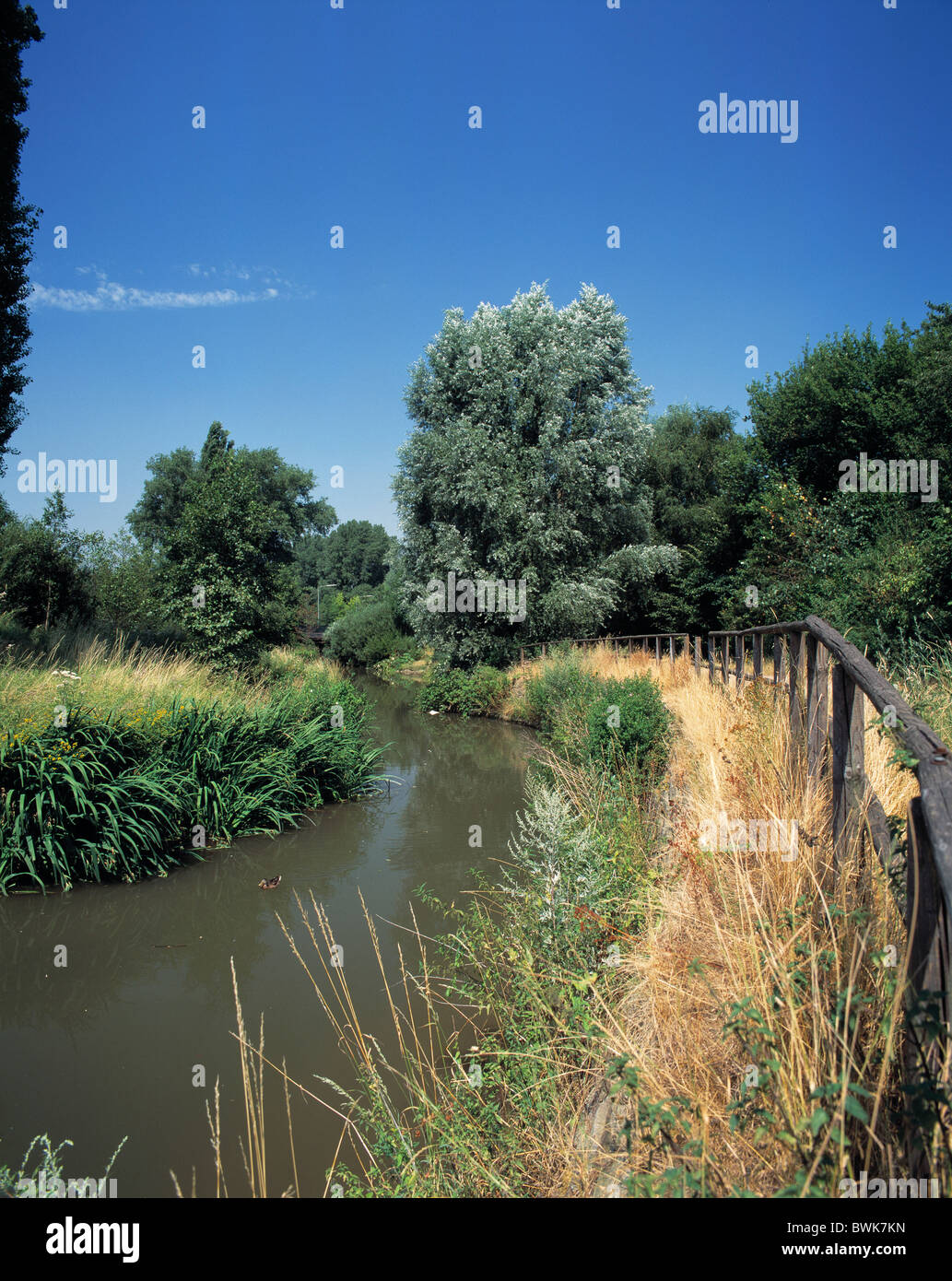 scenery landscape river fence river run northern Dussel Dusseldorf ...