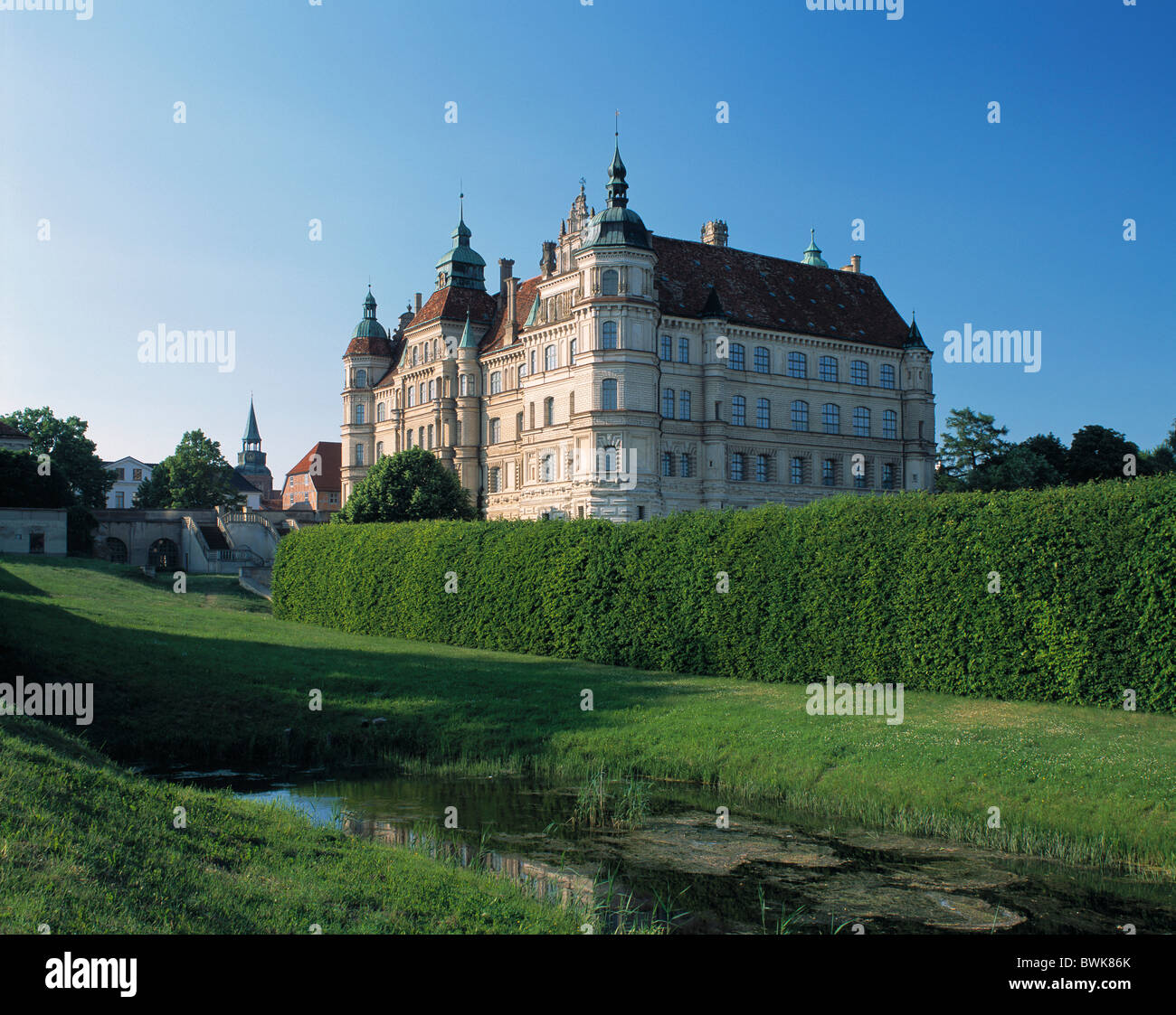 castle Gustrow Renaissance castle water ditch fog Germany Europe ...