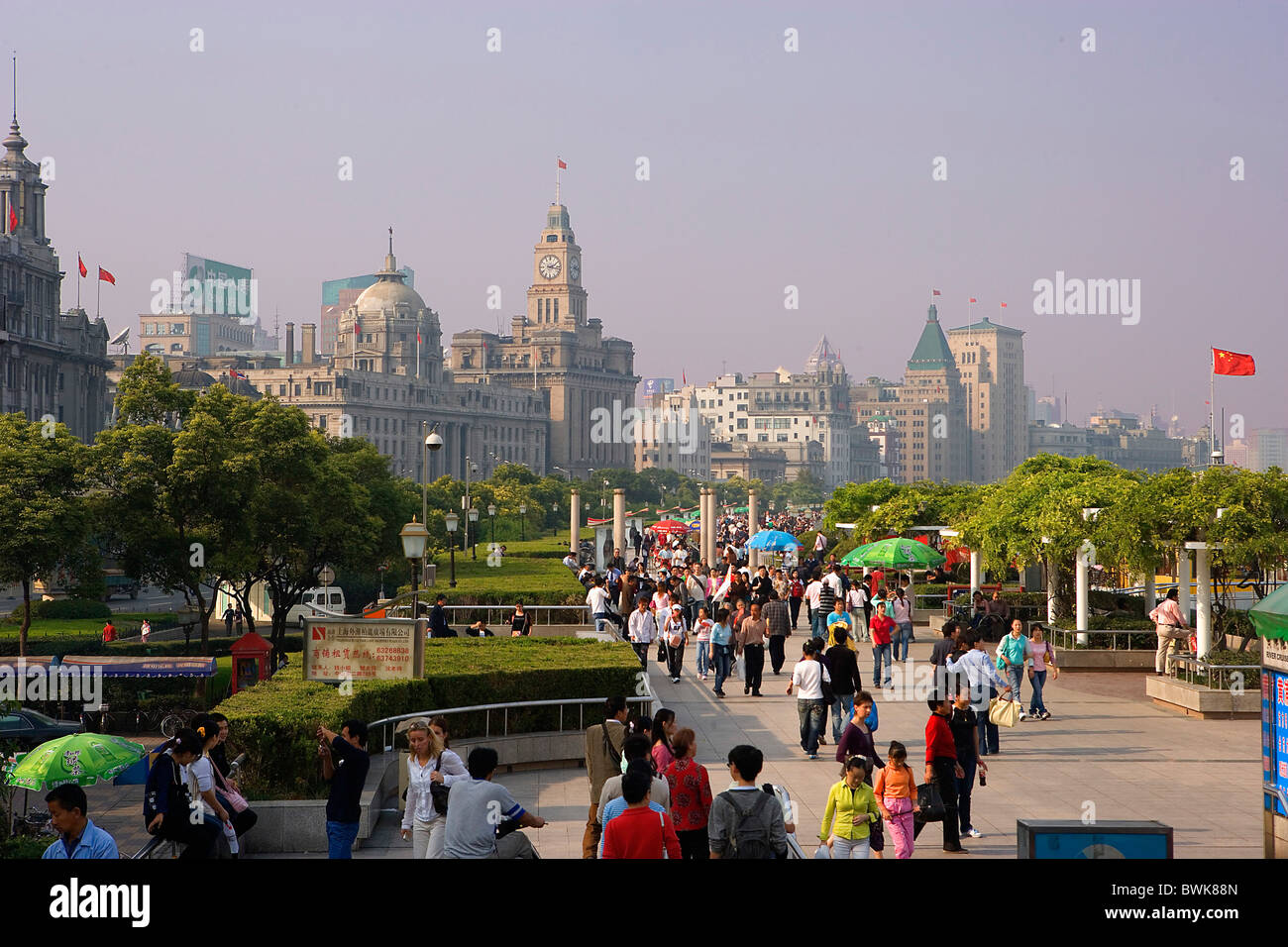 China Asia Shanghai town city person bank promenade Huangpu river flow ...