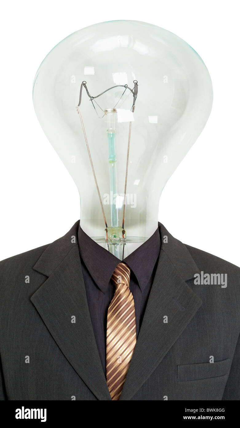 Man with light bulb instead of head isolated on white background Stock ...
