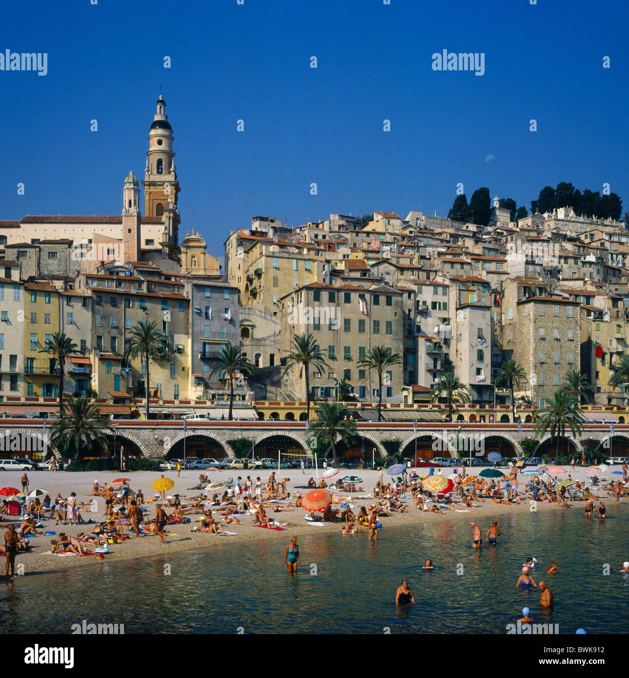 Menton beach person sea South of France France Europe Cote d'Azur Stock ...