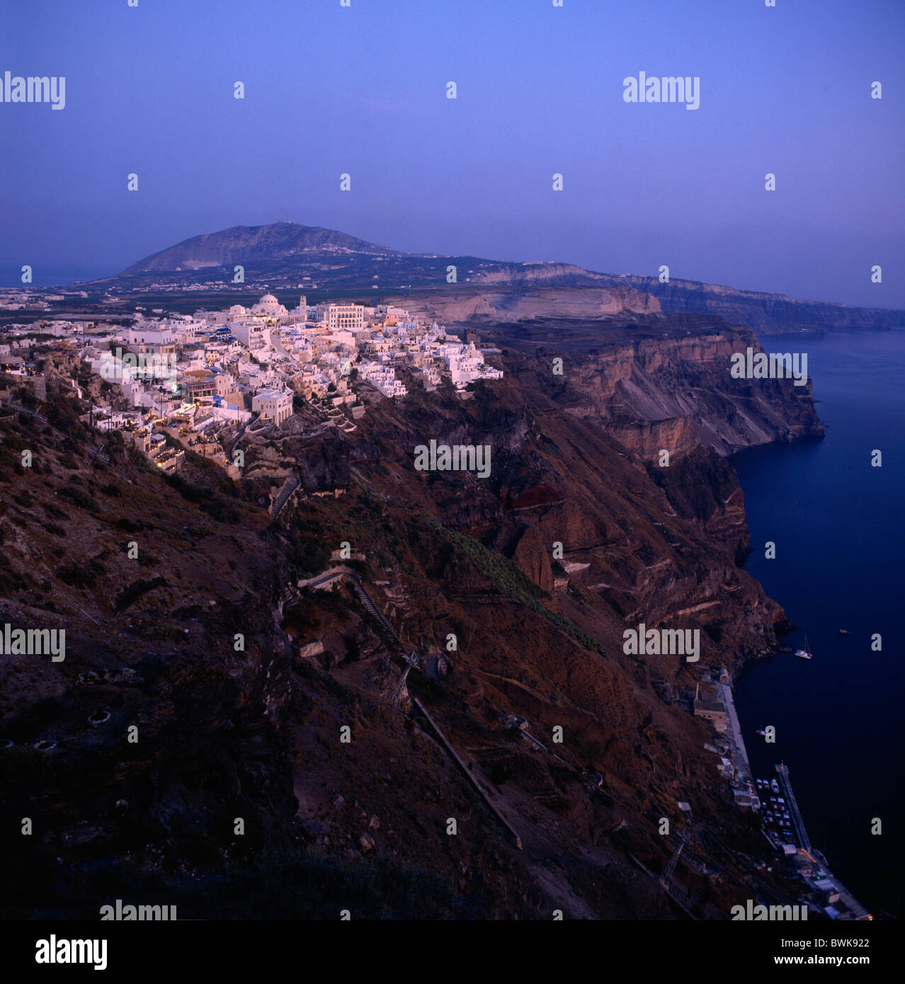 scenery landscape coast dusk Thera Thira Fira Santorini Greece Europe ...