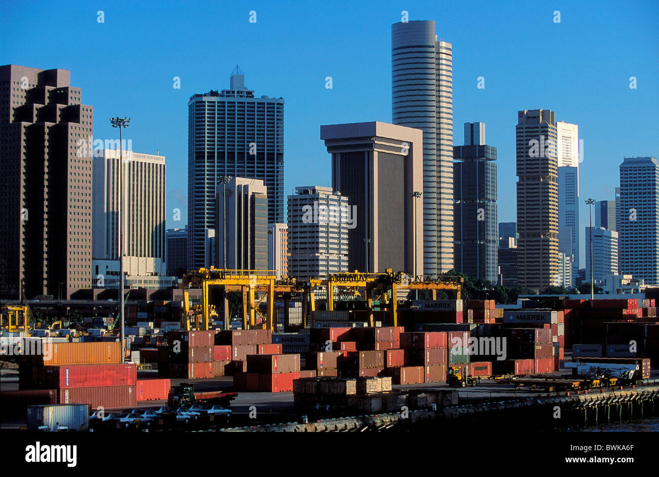 Singapore Skyline town city harbour port container container port Stock ...