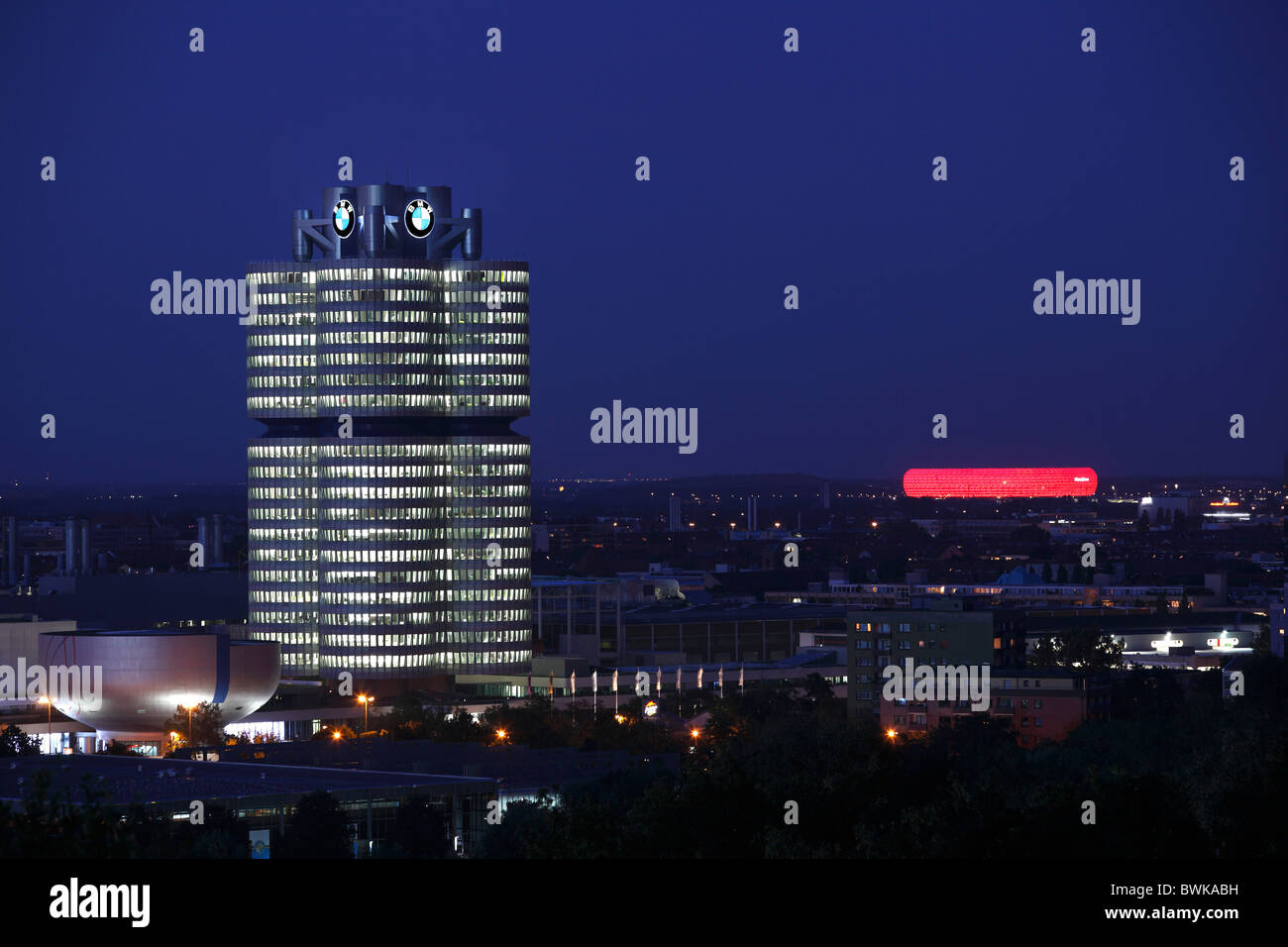BMW four-cylinder building and Allianz Arena, Munich, Bavaria, Germany ...