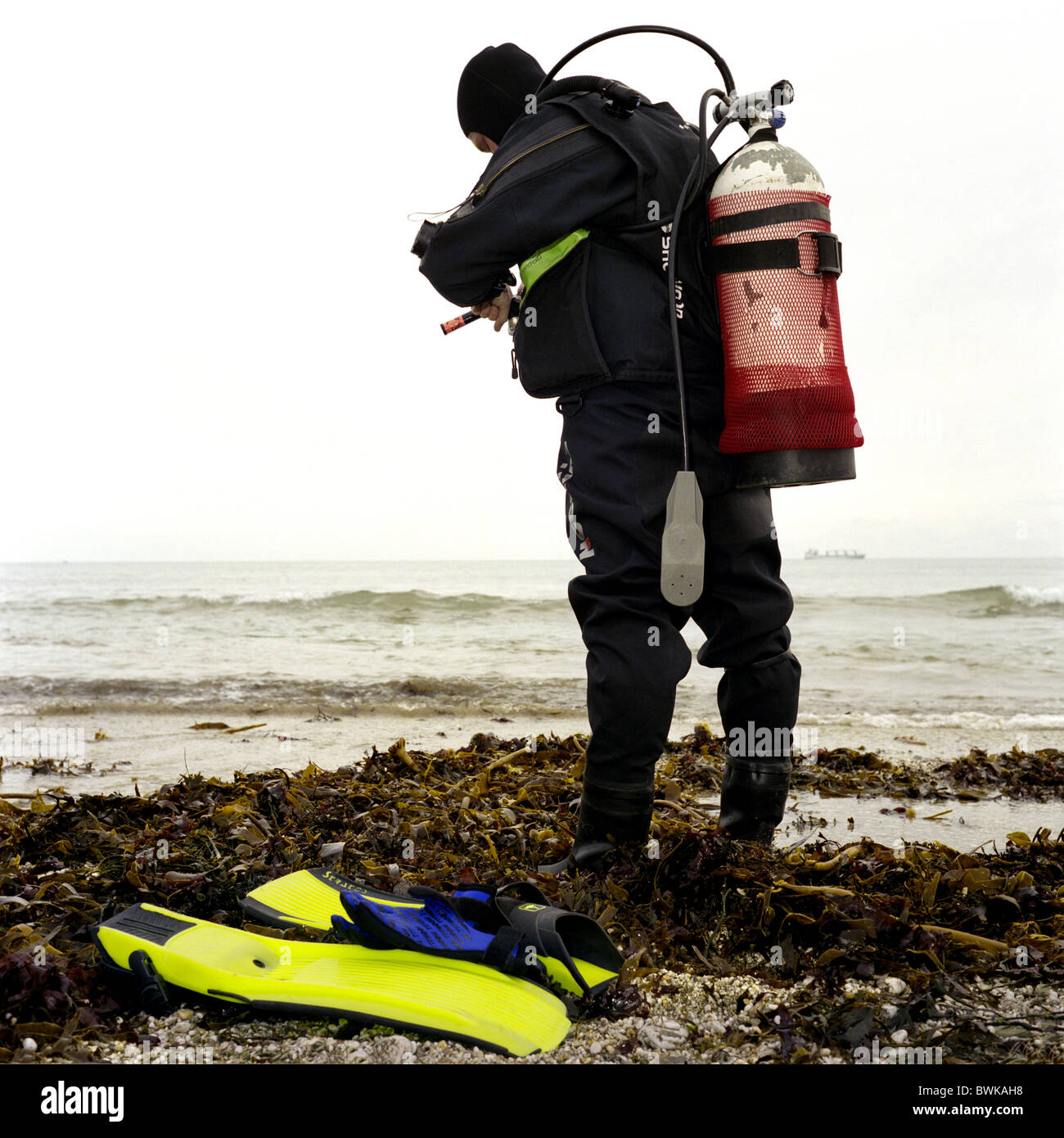 Man getting into diving gear on a Cornish beach Stock Photo - Alamy