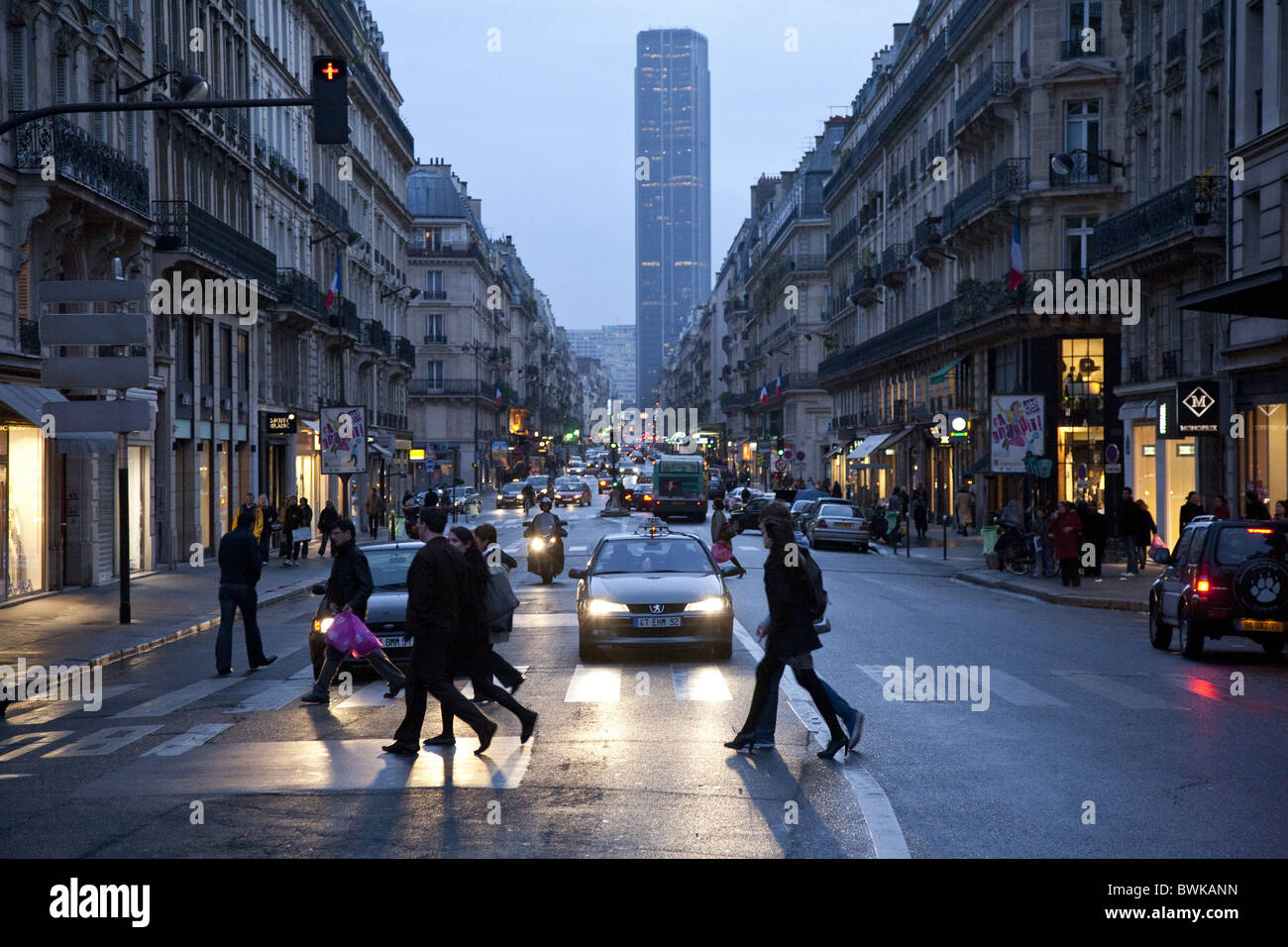 Junction, street scene, shops at the 7th arrondissement, tower building ...