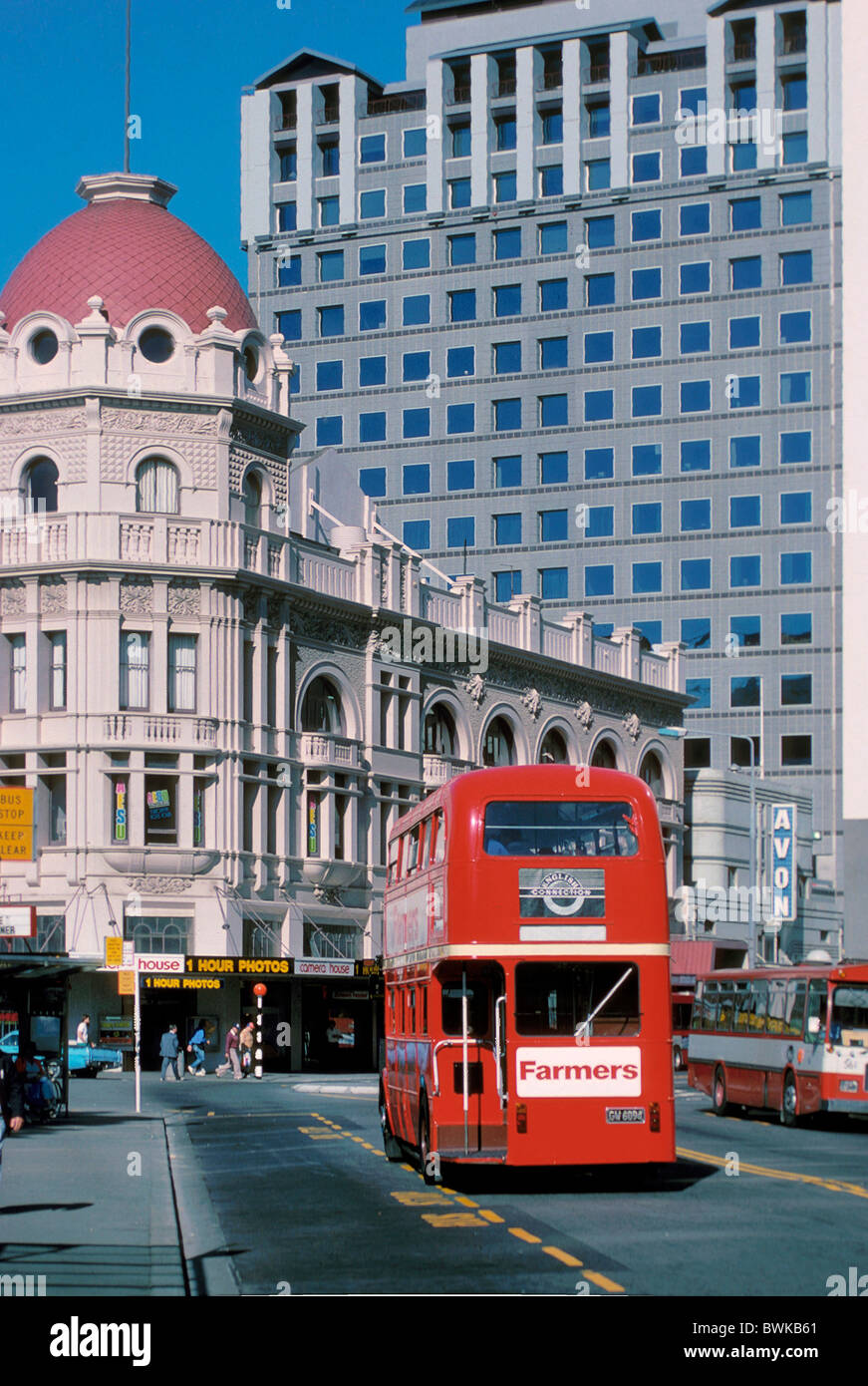 New Zealand Christchurch double-decker bus bus red town city street ...
