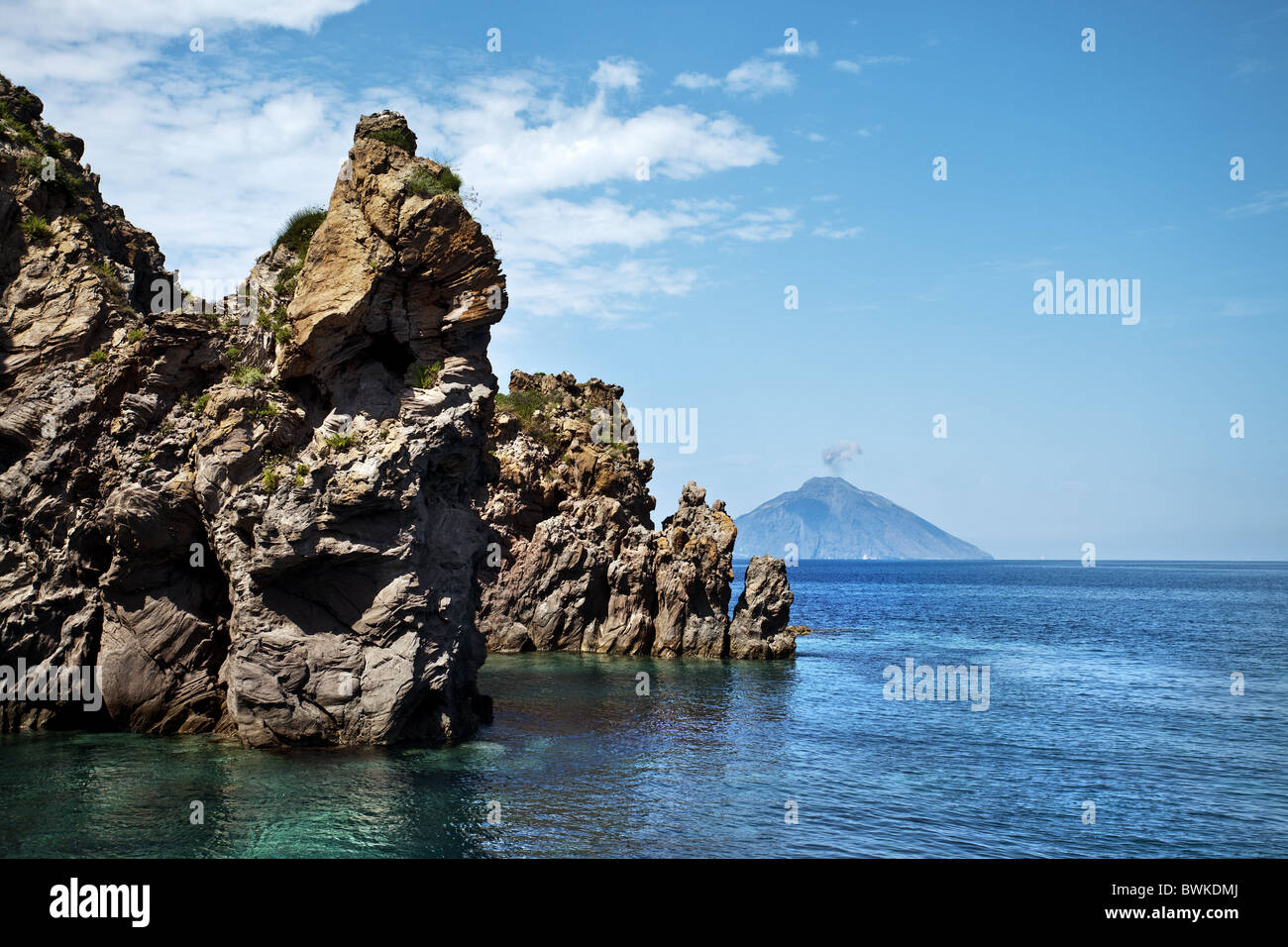 View from Panarea to Stromboli volcanic Island, Aeolian islands, Sicily ...