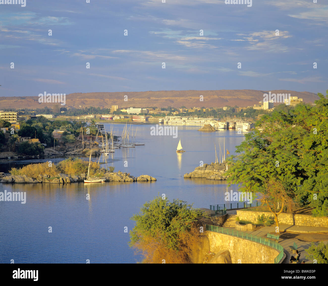 Egypt North Africa Aswan river flow Nile scenery landscape sail boats ...
