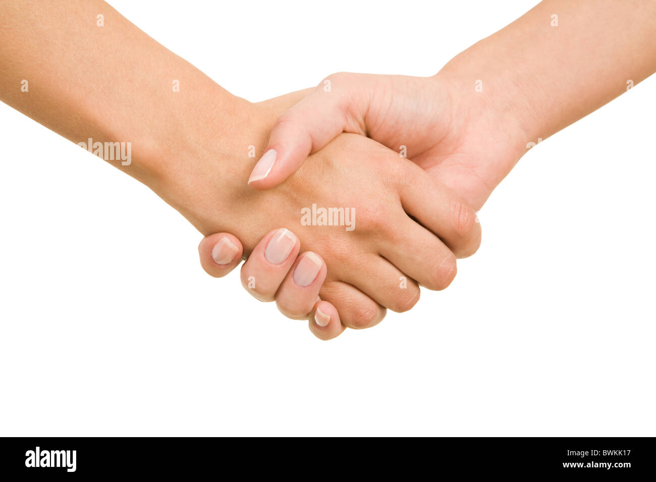 Close-up of female hands making an agreement on a white background ...