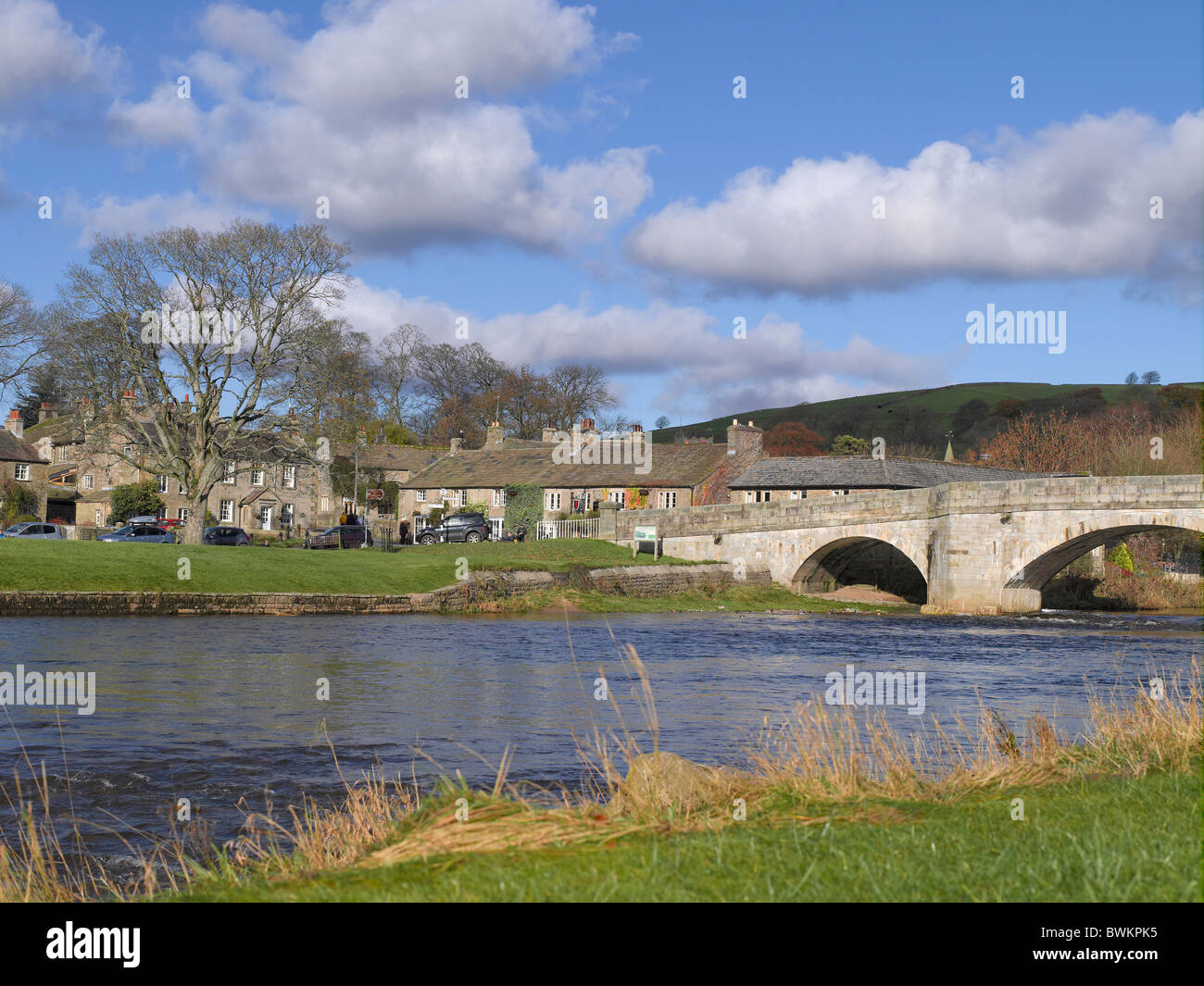 Burnsall village and River Wharfe in autumn winter Lower Wharfedale ...