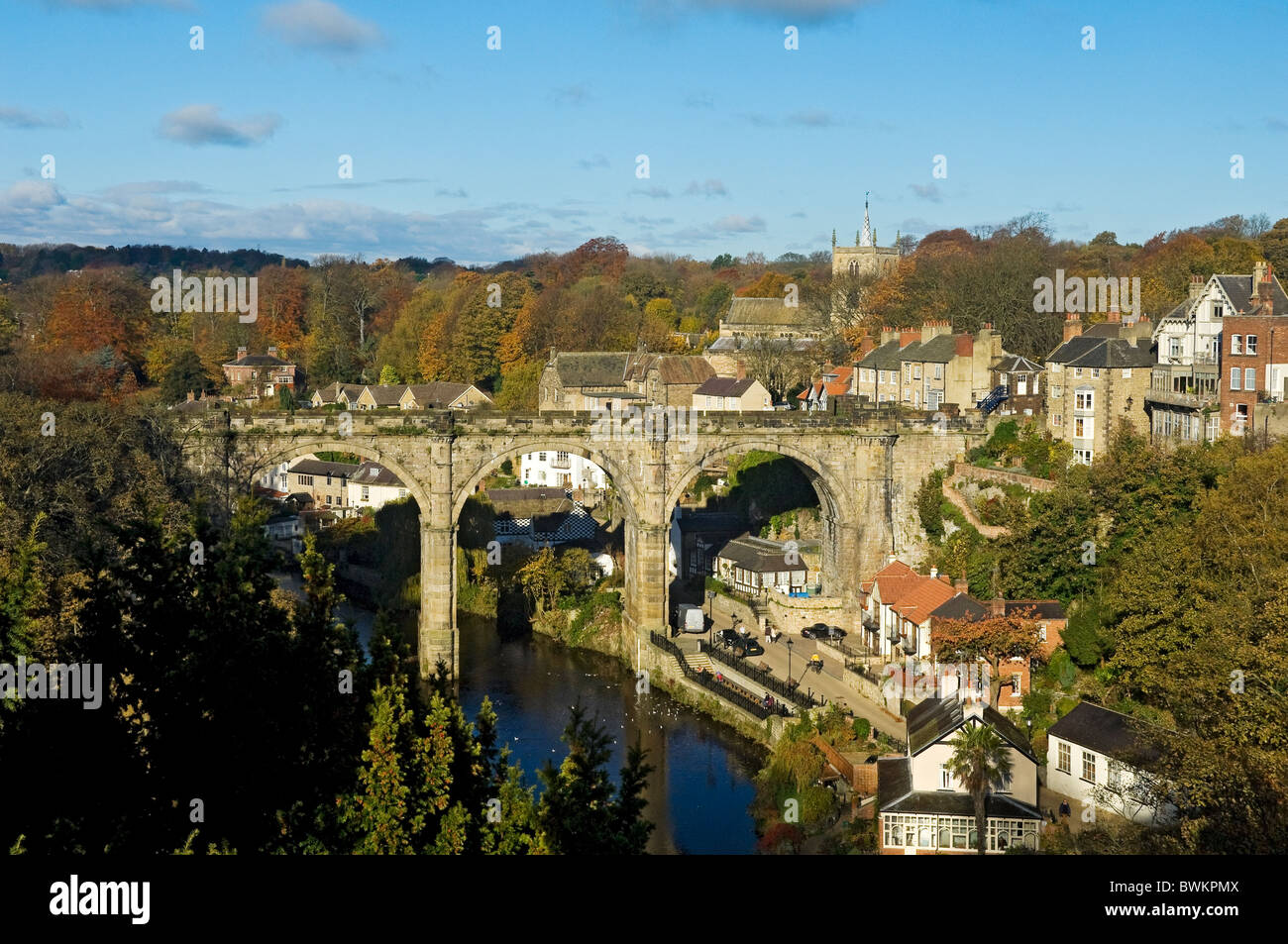 Viaduct railway bridge across River Nidd in autumn Knaresborough North ...