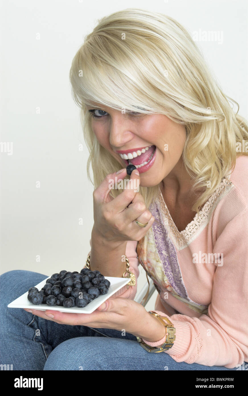 woman Inside Blond portrait food eating Eating Food blue berries ...