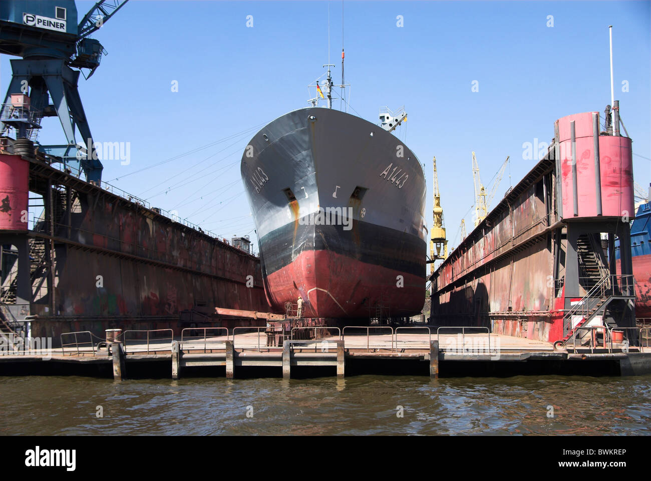 Hamburg Germany Europe harbor port dry dock dock ship freighter ...