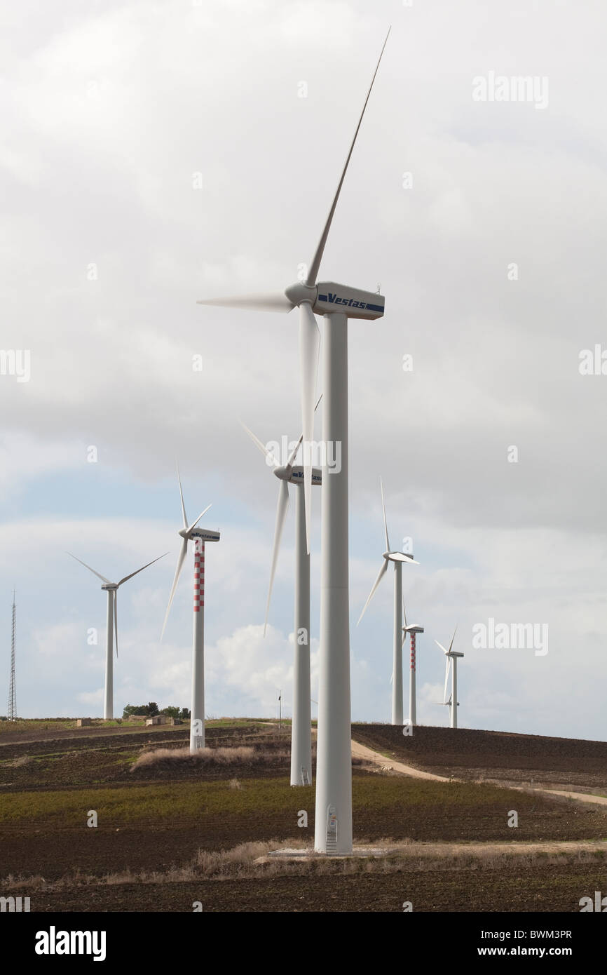 Wind turbines on wind farms dotted across the countryside in Salemi ...