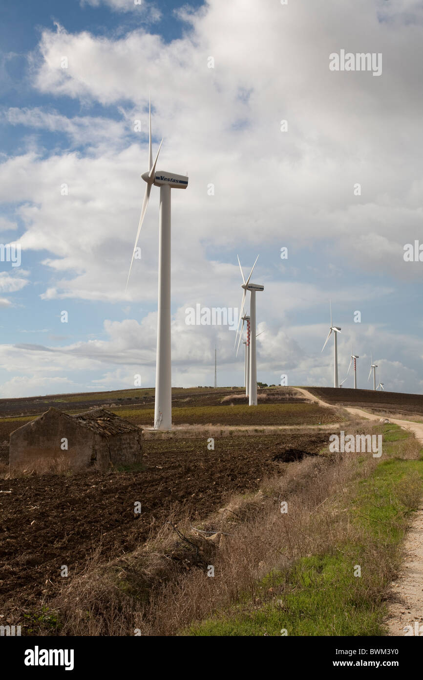 Wind turbines on wind farms dotted across the countryside in Salemi ...