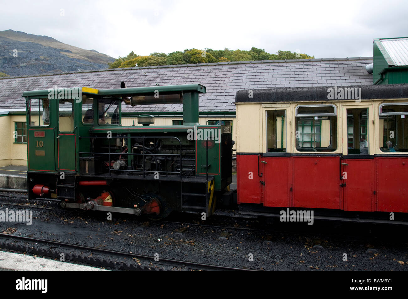 Diesel train at the Snowdon Mountain Railway lower station, Llanberis ...
