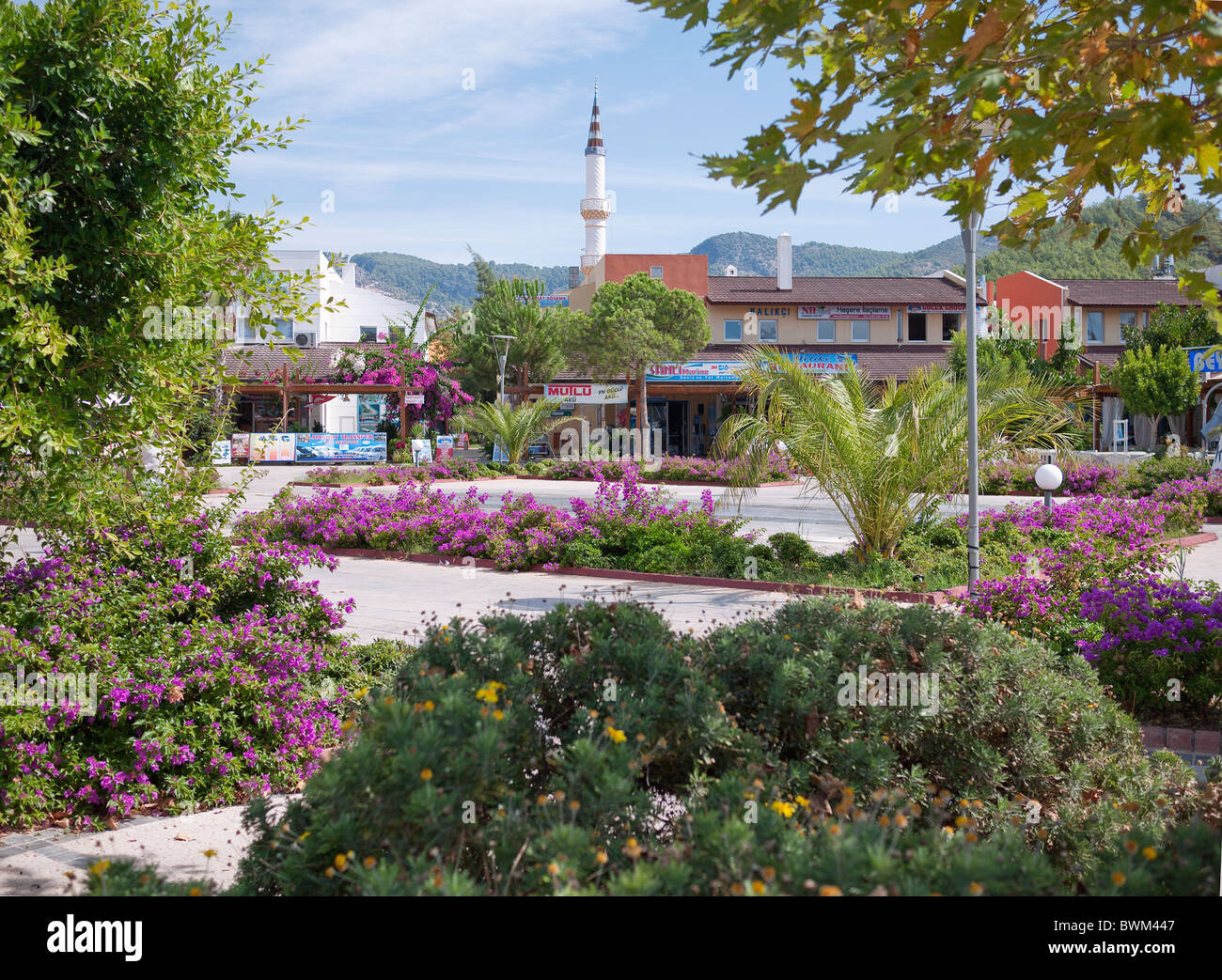 Gardens and pedestrian area in the town of Gocek on the Lycian coast ...