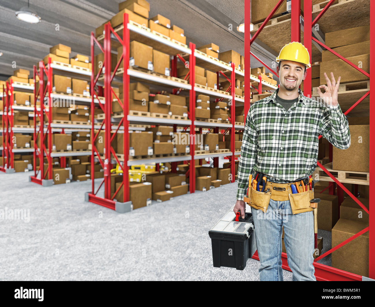 happy manual worker in classic warehouse 3d background Stock Photo - Alamy