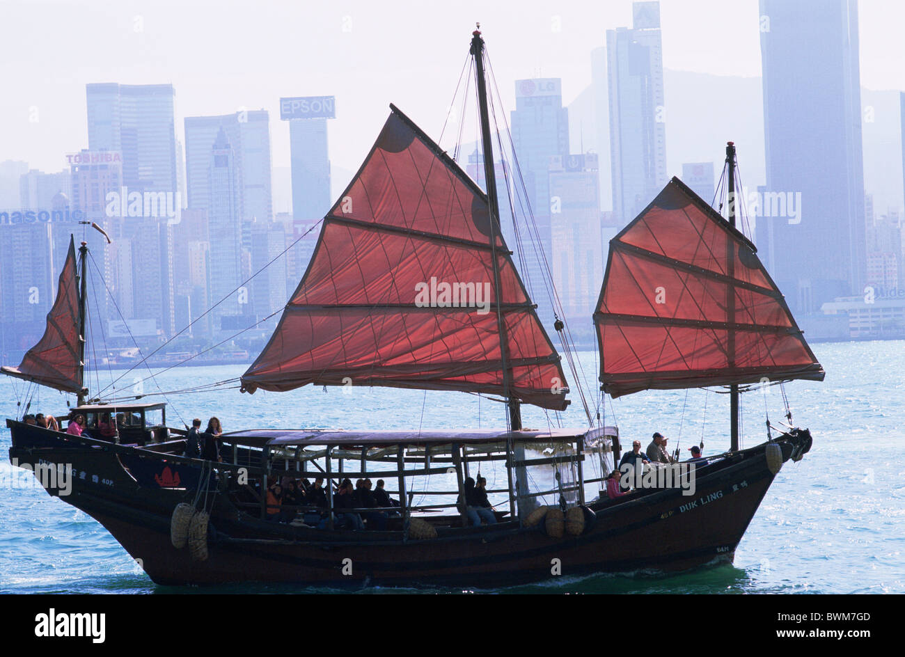 China Asia Hong Kong Victoria harbor harbor Junk Junks Boat Boats Sailboat City Skyline Stock ...